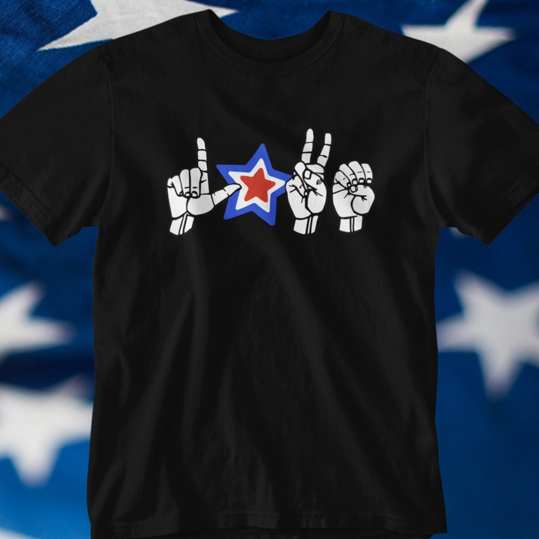 American Sign Language LOVE Fingerspelled, With American Flag Colored ...