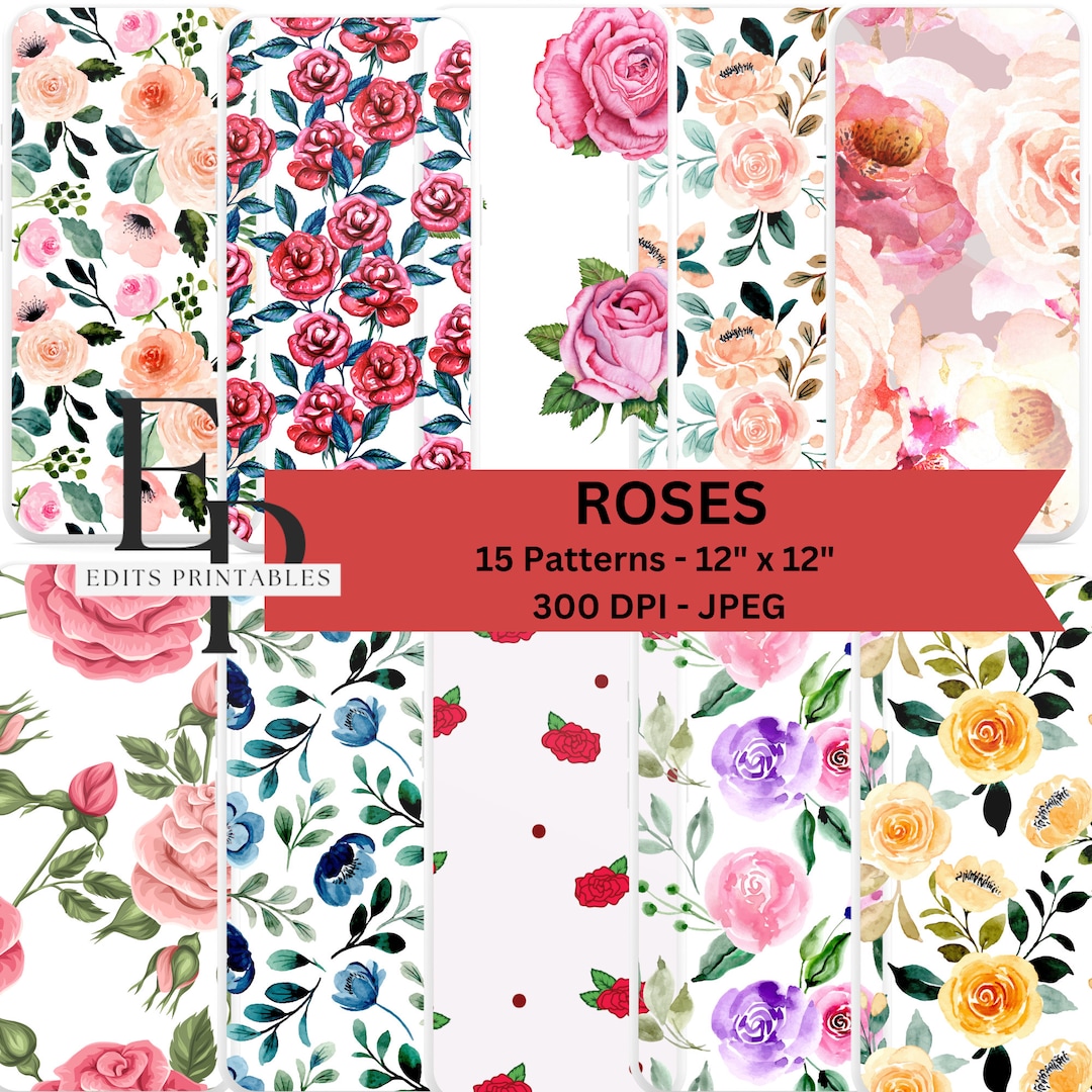 Digital Paper, Roses Pattern Digital Paper, INSTANT DOWNLOAD, 12x12 ...