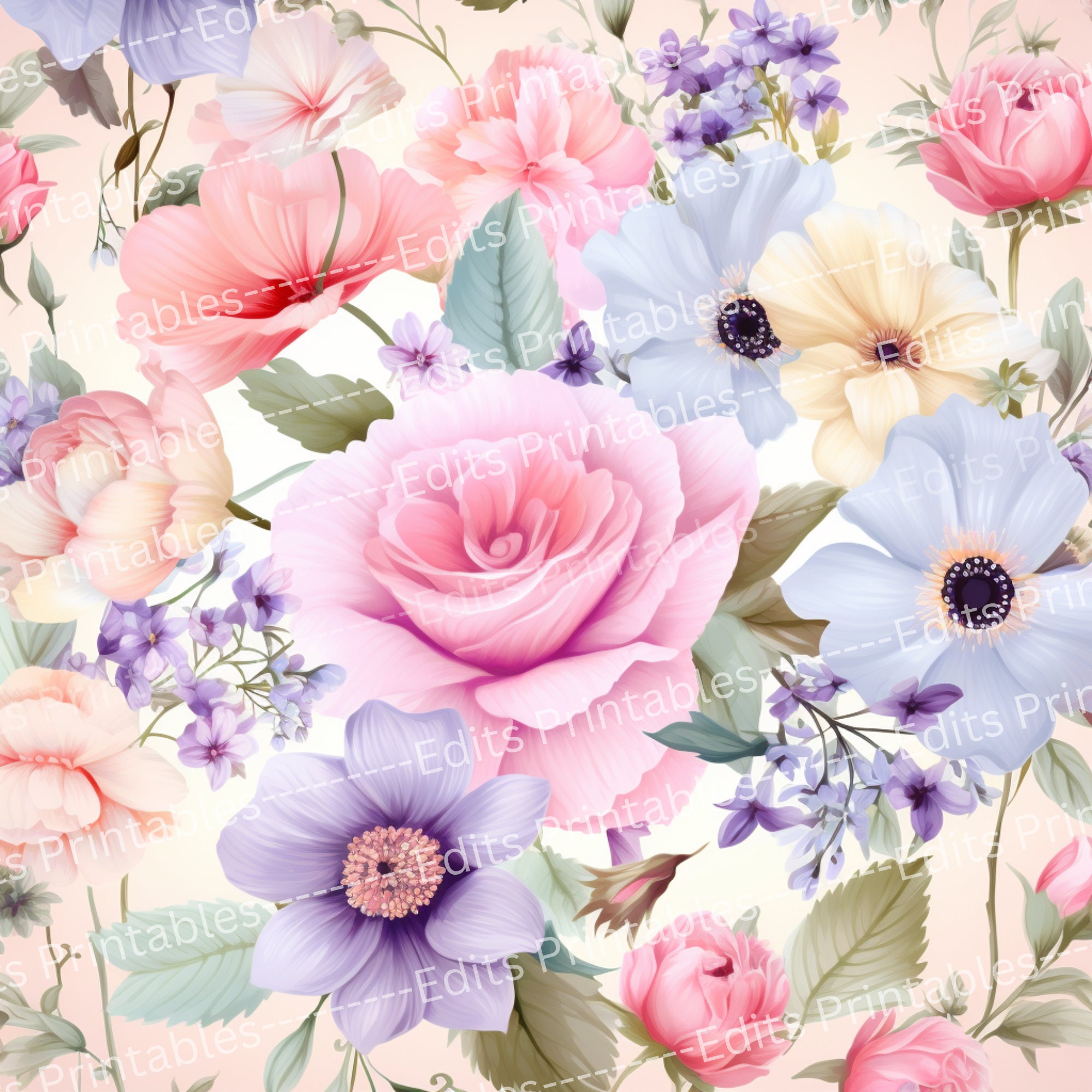 Pastel Florals Digital Paper, Digital Paper, INSTANT DOWNLOAD, 12x12 ...