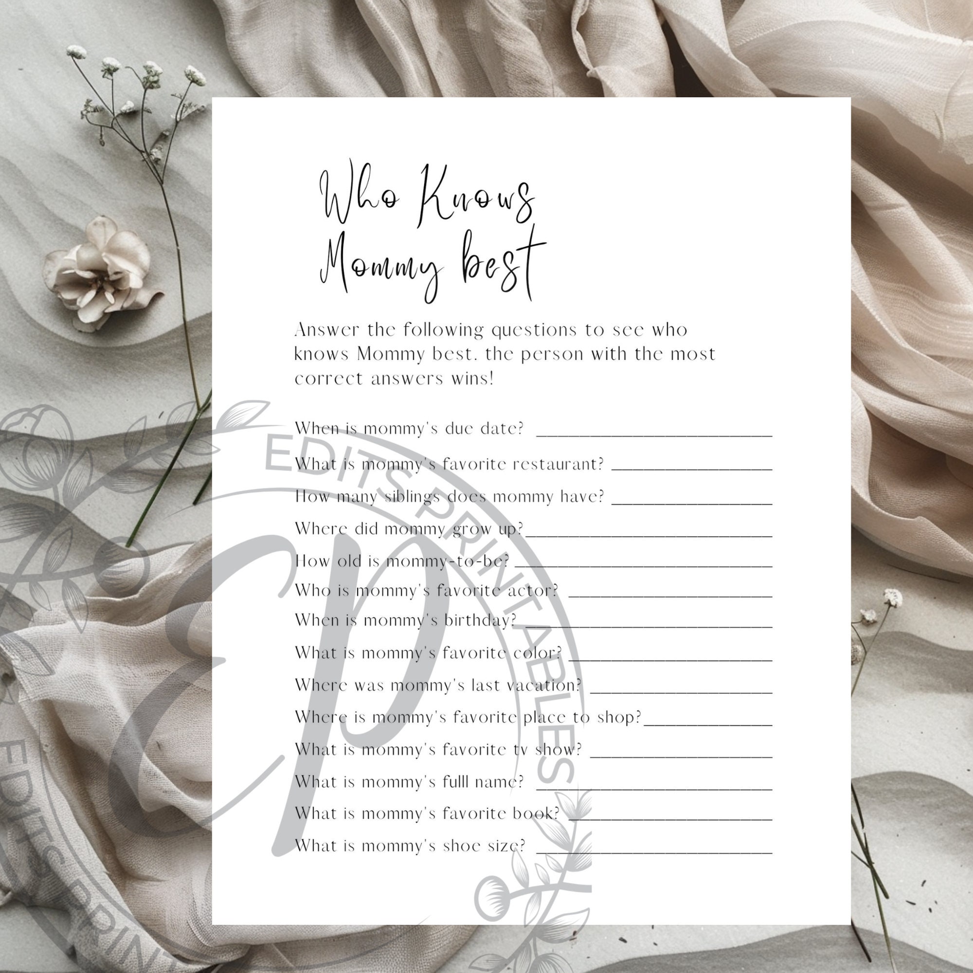 Baby Shower Game, Who Knows Mommy Best Baby Shower Game, Printable Baby ...