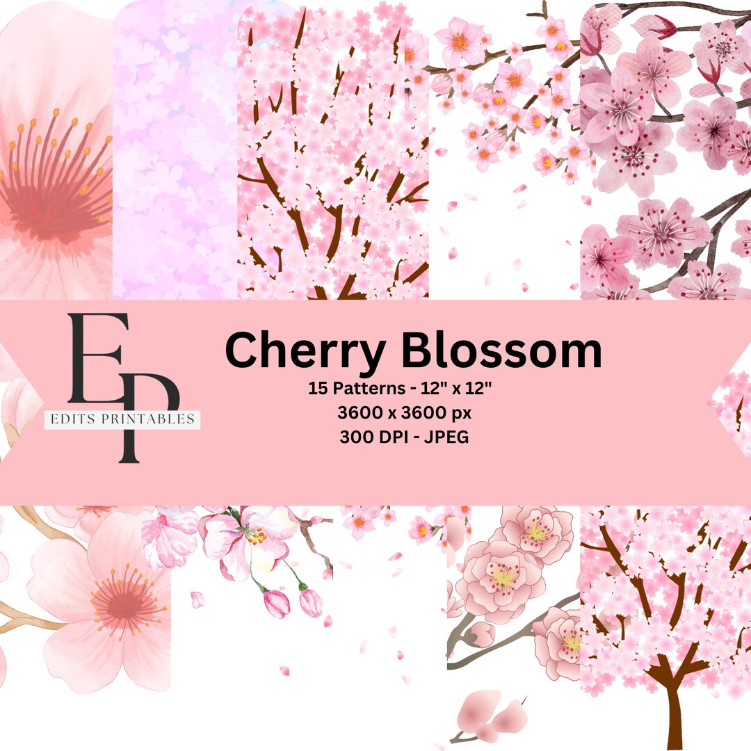 Digital Paper, Cherry Blossom Print, INSTANT DOWNLOAD, 12x12, Cherry ...