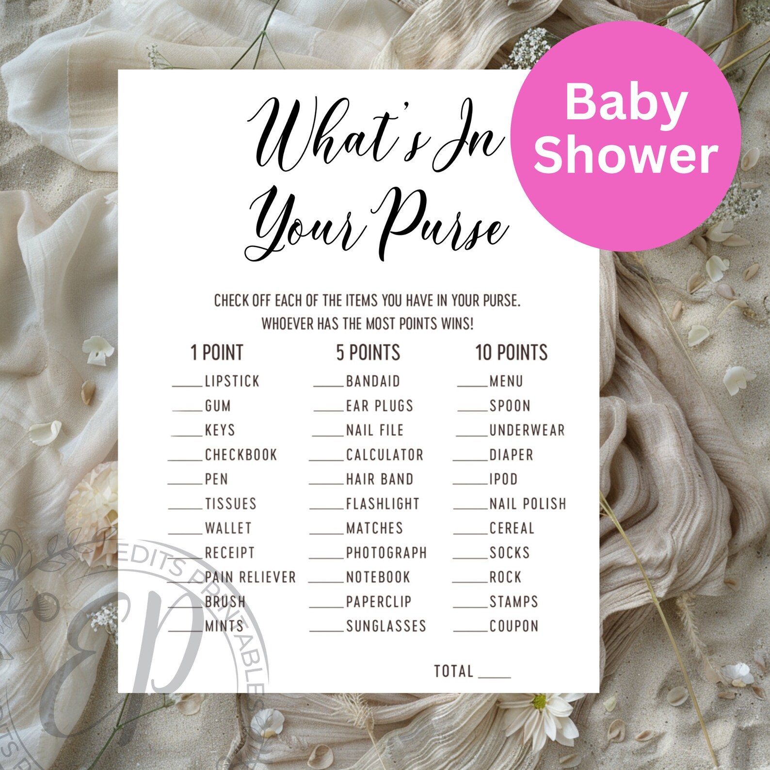 What's in Your Purse Game, Baby Shower Game, Bachelorette Game ...