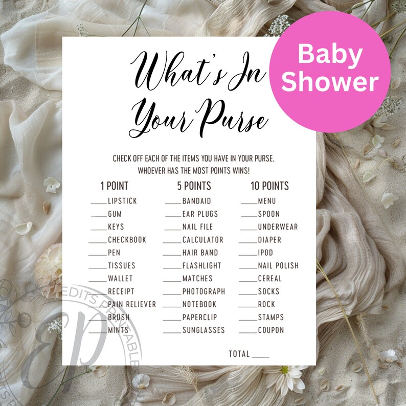 What's in Your Purse Game, Baby Shower Game, Bachelorette Game ...