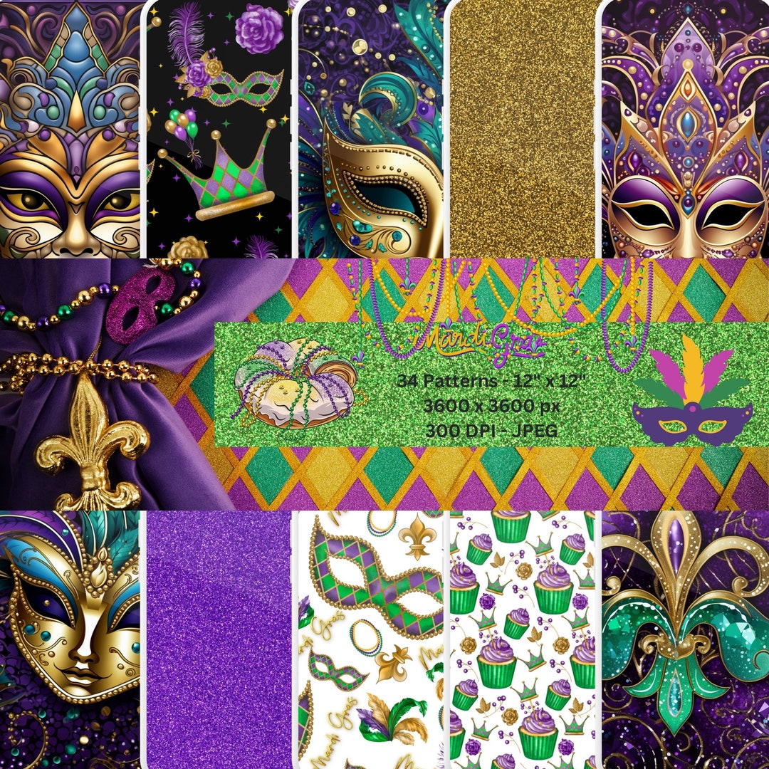 Mardi Gras Digital Paper: 34 Seamless PNG Backgrounds (12", 300 Dpi) - Etsy