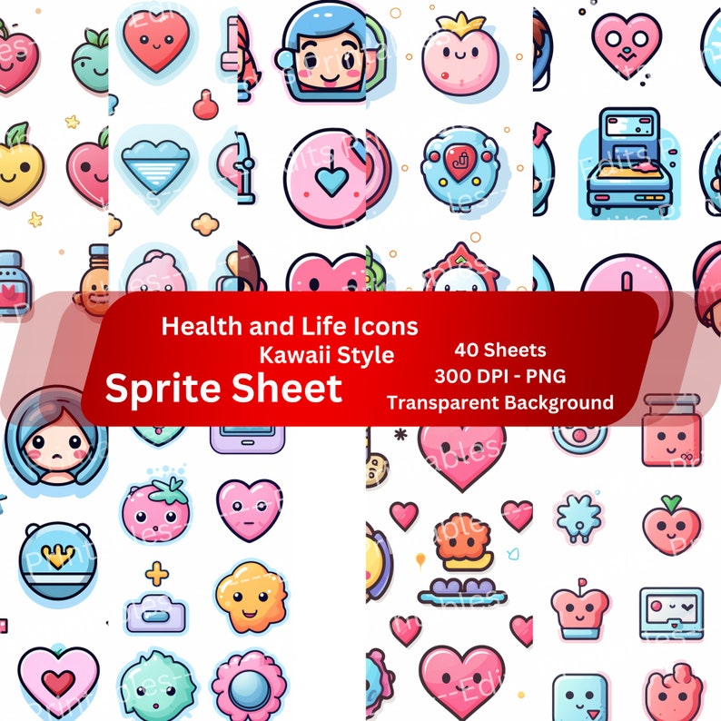 Sprite Sheet, Health and Life Icons, Video Gaming, Kawaii Style ...