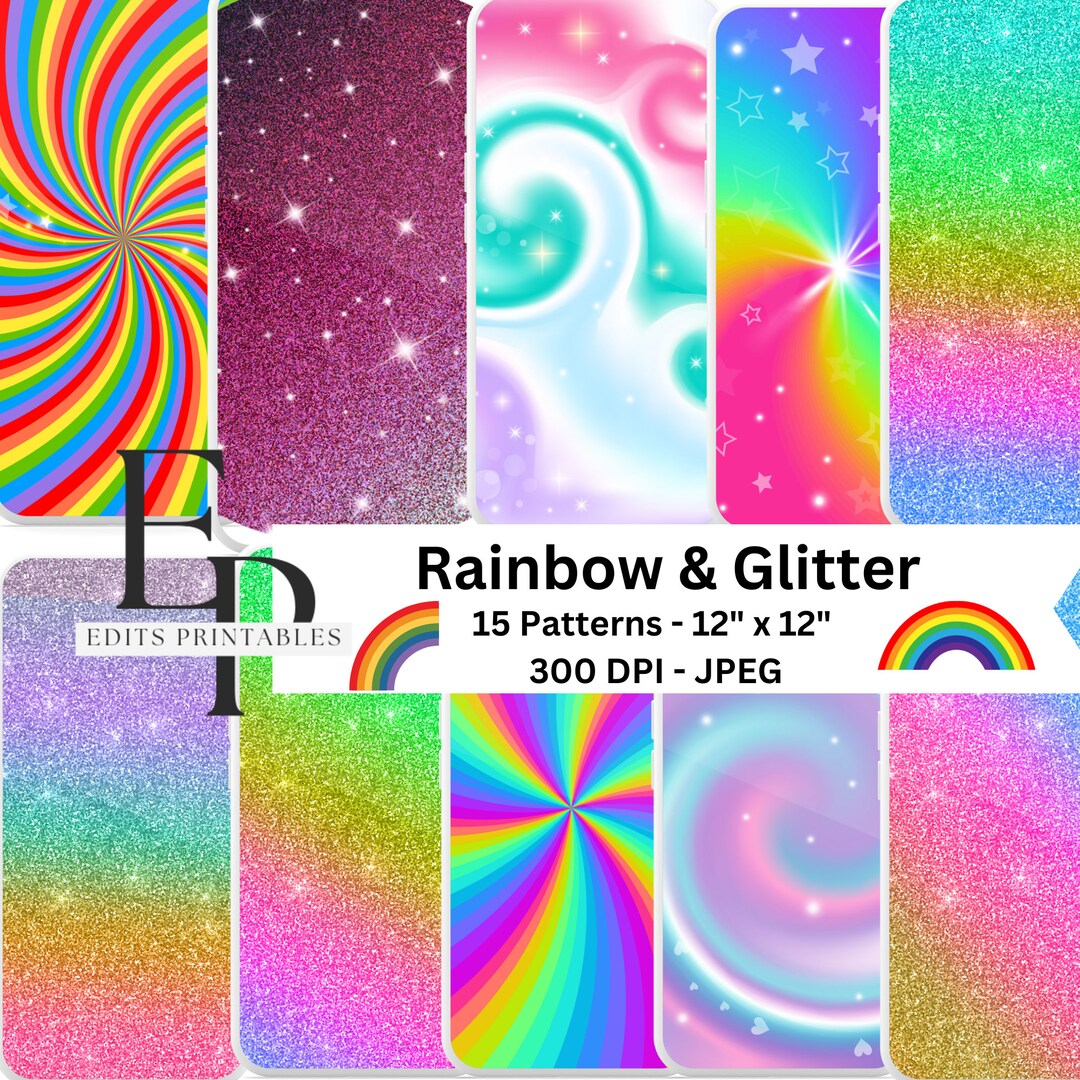 Rainbow & Glitter Digital Paper, INSTANT DOWNLOAD, 12x12, Rainbow ...