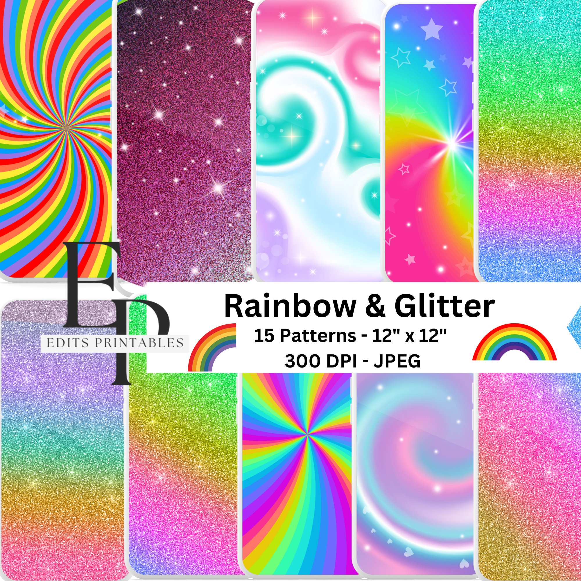 Rainbow & Glitter Digital Paper, INSTANT DOWNLOAD, 12x12, Rainbow ...