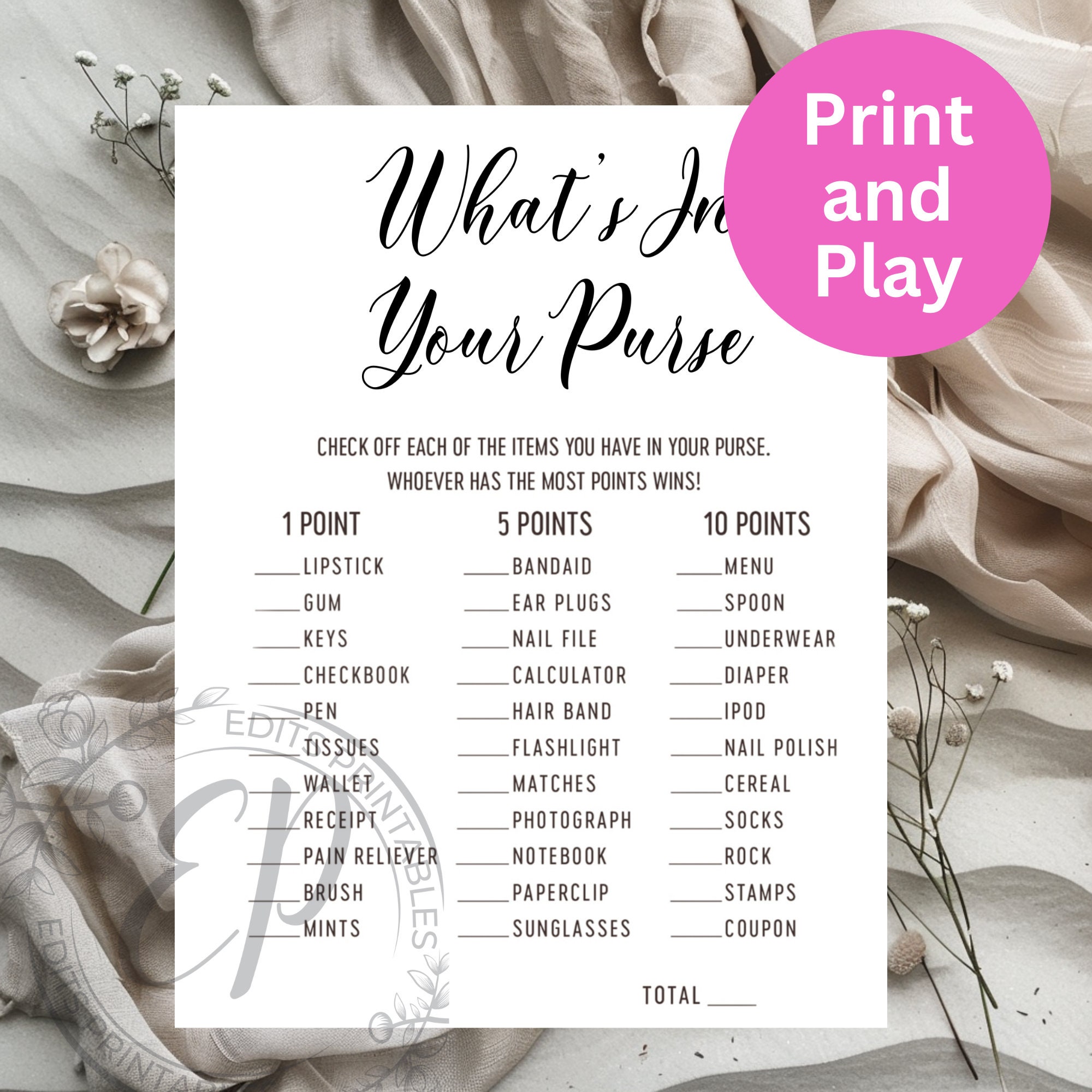 What's in Your Purse Game, Baby Shower Game, Bachelorette Game ...