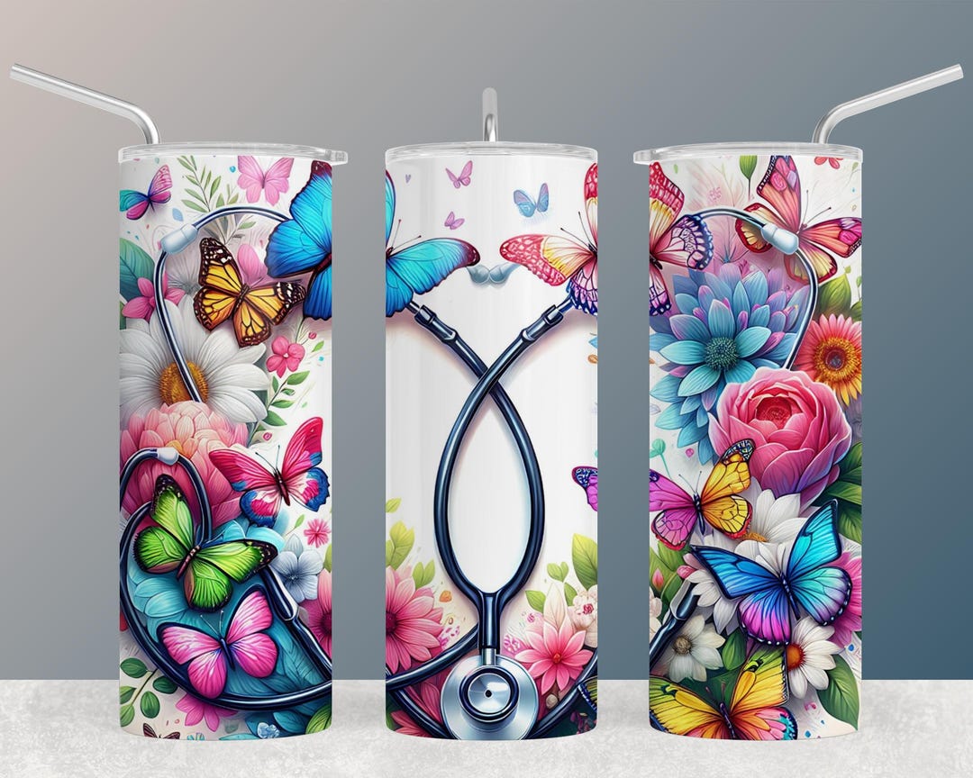 Floral Stethoscope 20 Oz Tumbler Wrap: Butterfly Design (digital ...