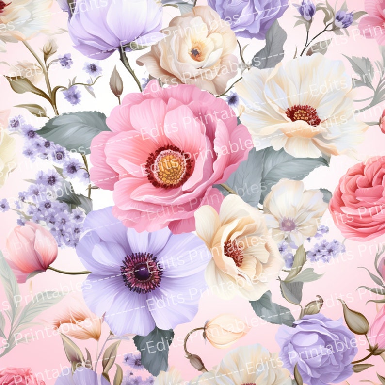 Pastel Florals Digital Paper, Digital Paper, INSTANT DOWNLOAD, 12x12 ...
