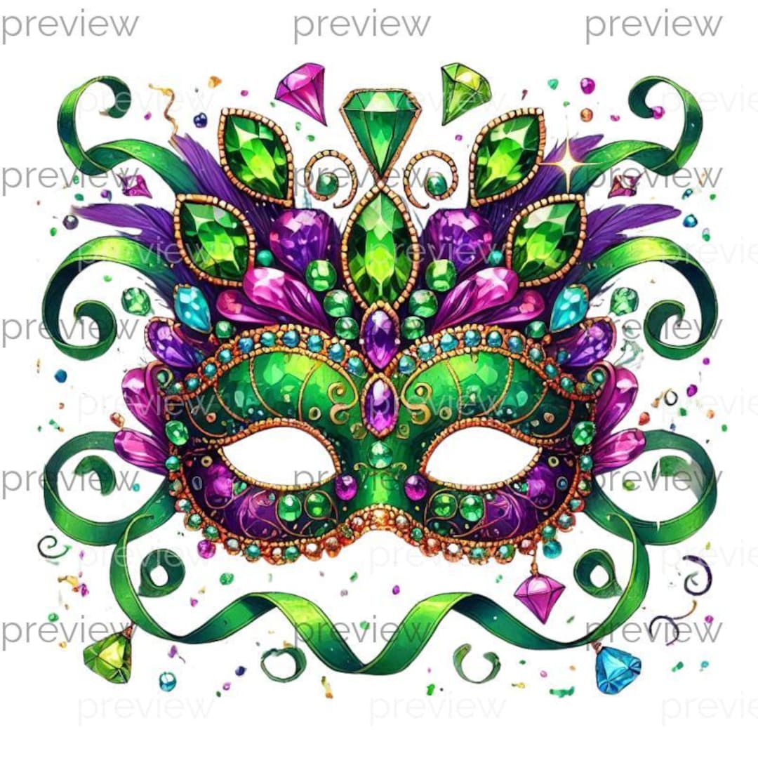 Masquerade Mask Clipart – Green and Jewel Design - PNG Digital Download ...