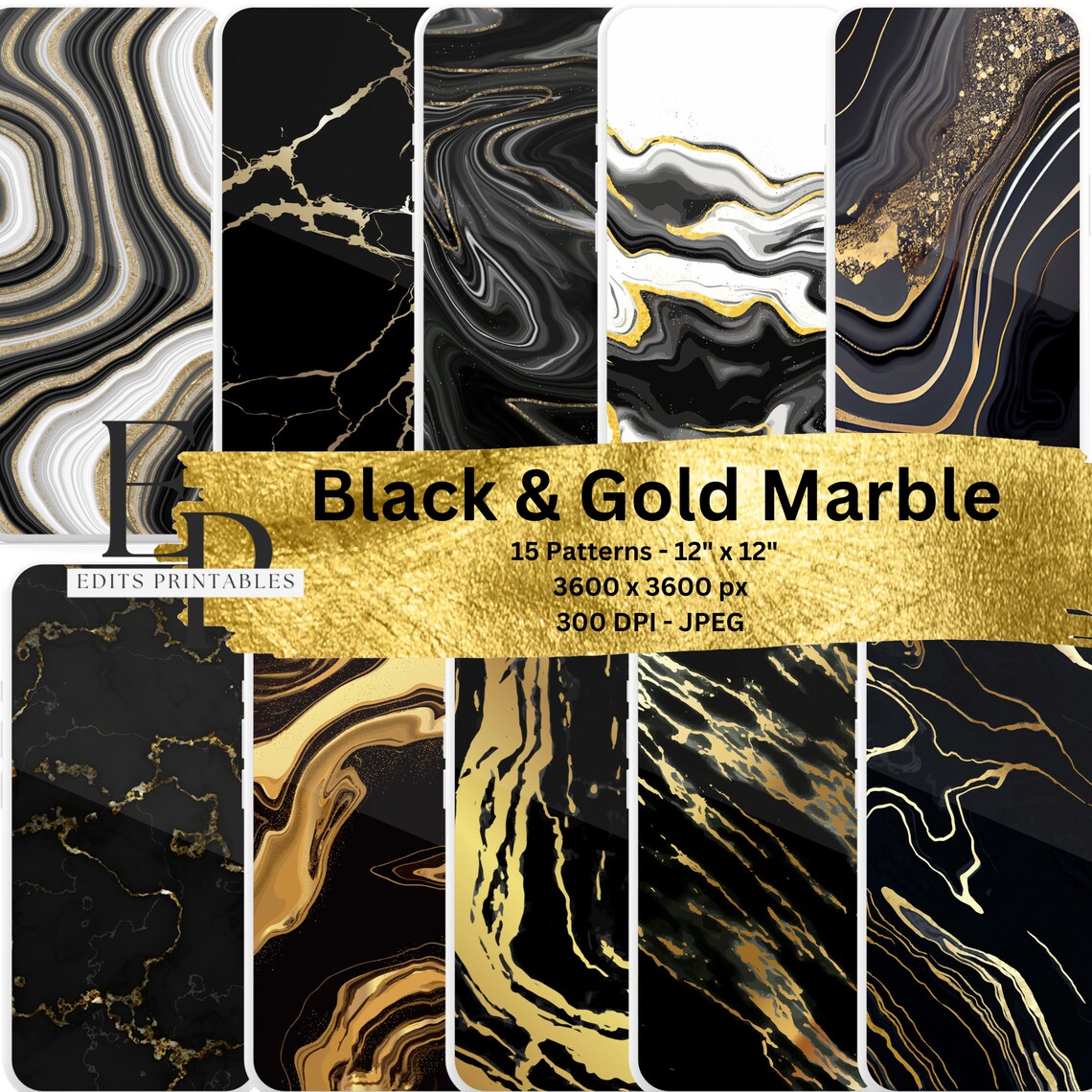 Digital Paper, Black and Gold Marble Digital Paper, INSTANT DOWNLOAD ...