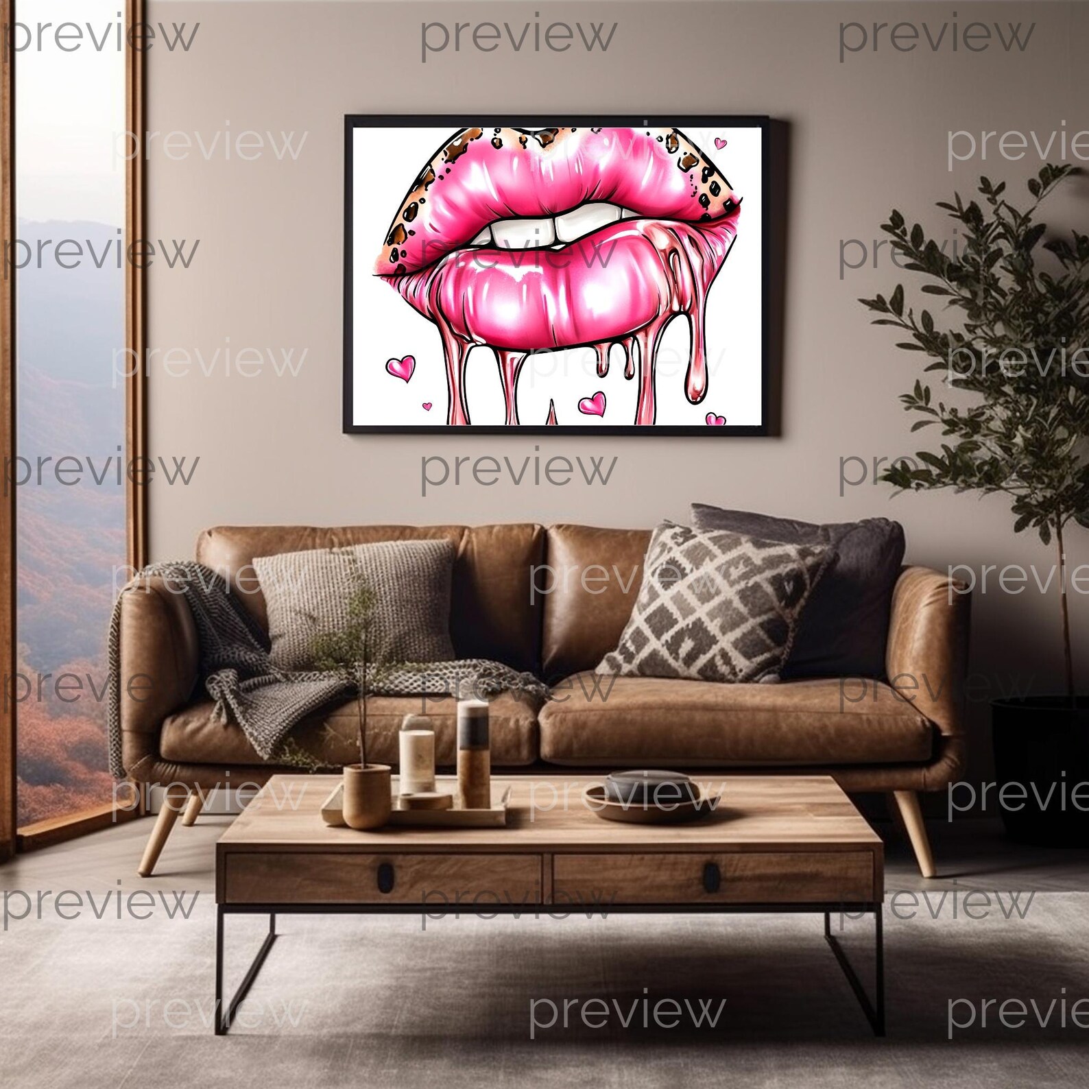 Bold Pink Lips With Leopard Print and Glossy Lipgloss Drip PNG ...