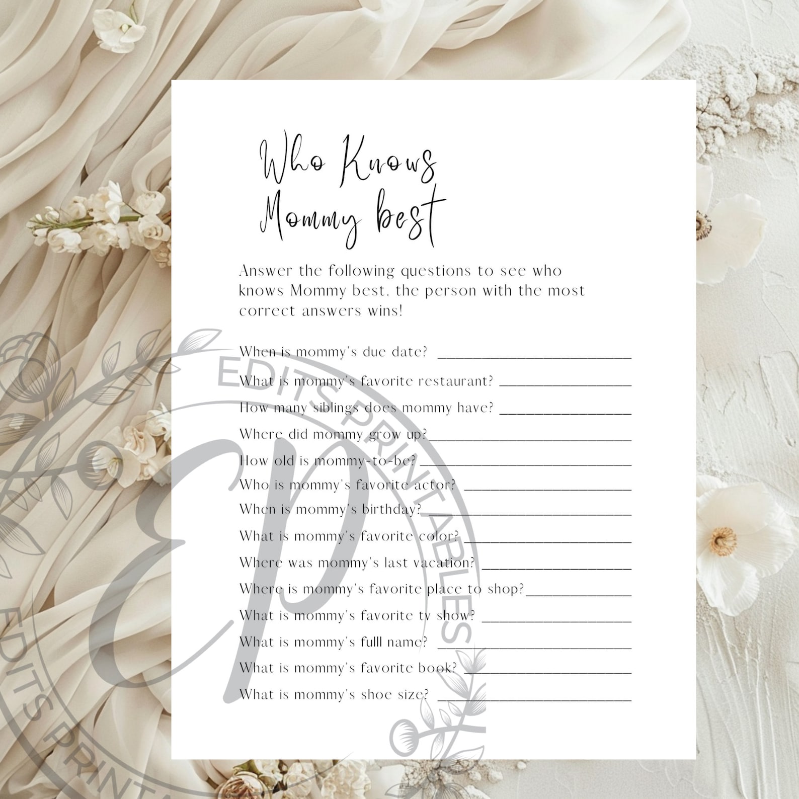 Baby Shower Game, Who Knows Mommy Best Baby Shower Game, Printable Baby ...