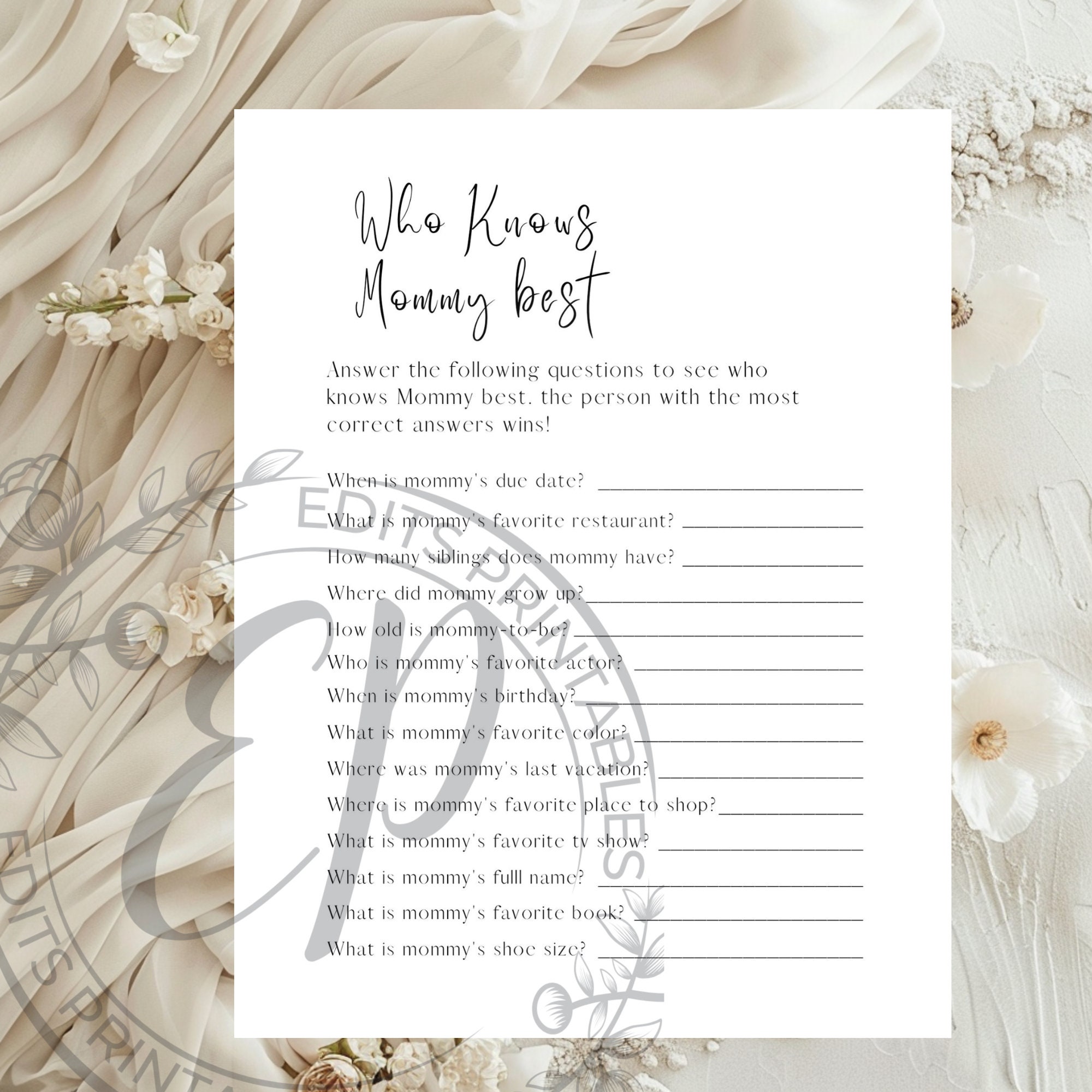 Baby Shower Game, Who Knows Mommy Best Baby Shower Game, Printable Baby ...