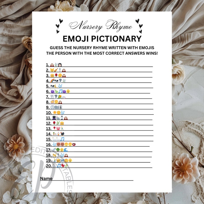 Nursery Rhymes Emoji Pictionary Game, Baby Emoji Game, Baby Shower ...
