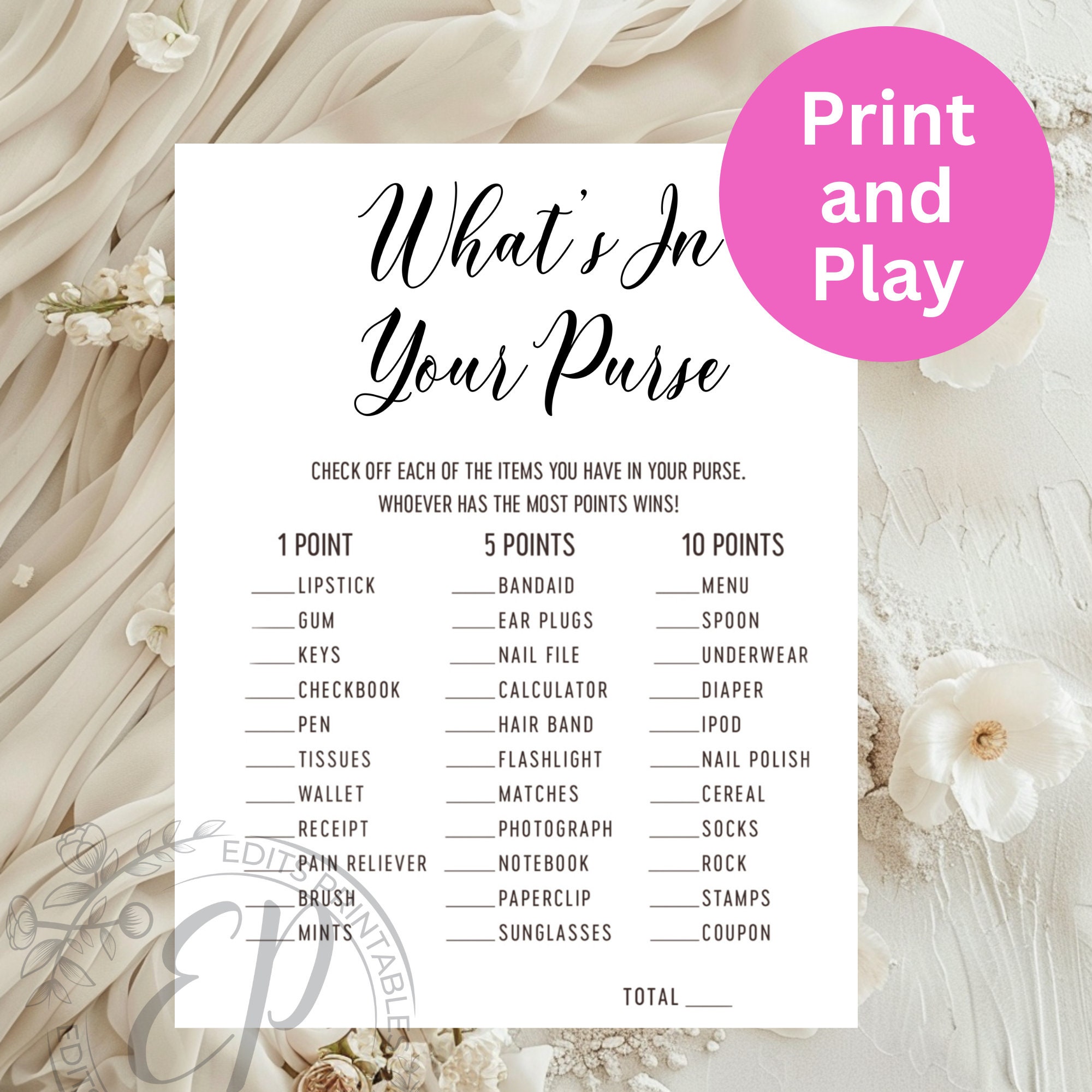 What's in Your Purse Game, Baby Shower Game, Bachelorette Game ...