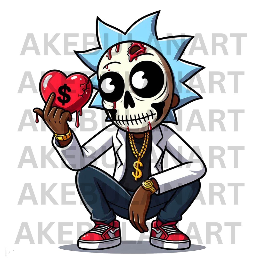 Rick and Morty Skull Broken Heart Character Dollar Signs, Gangster, PNG ...
