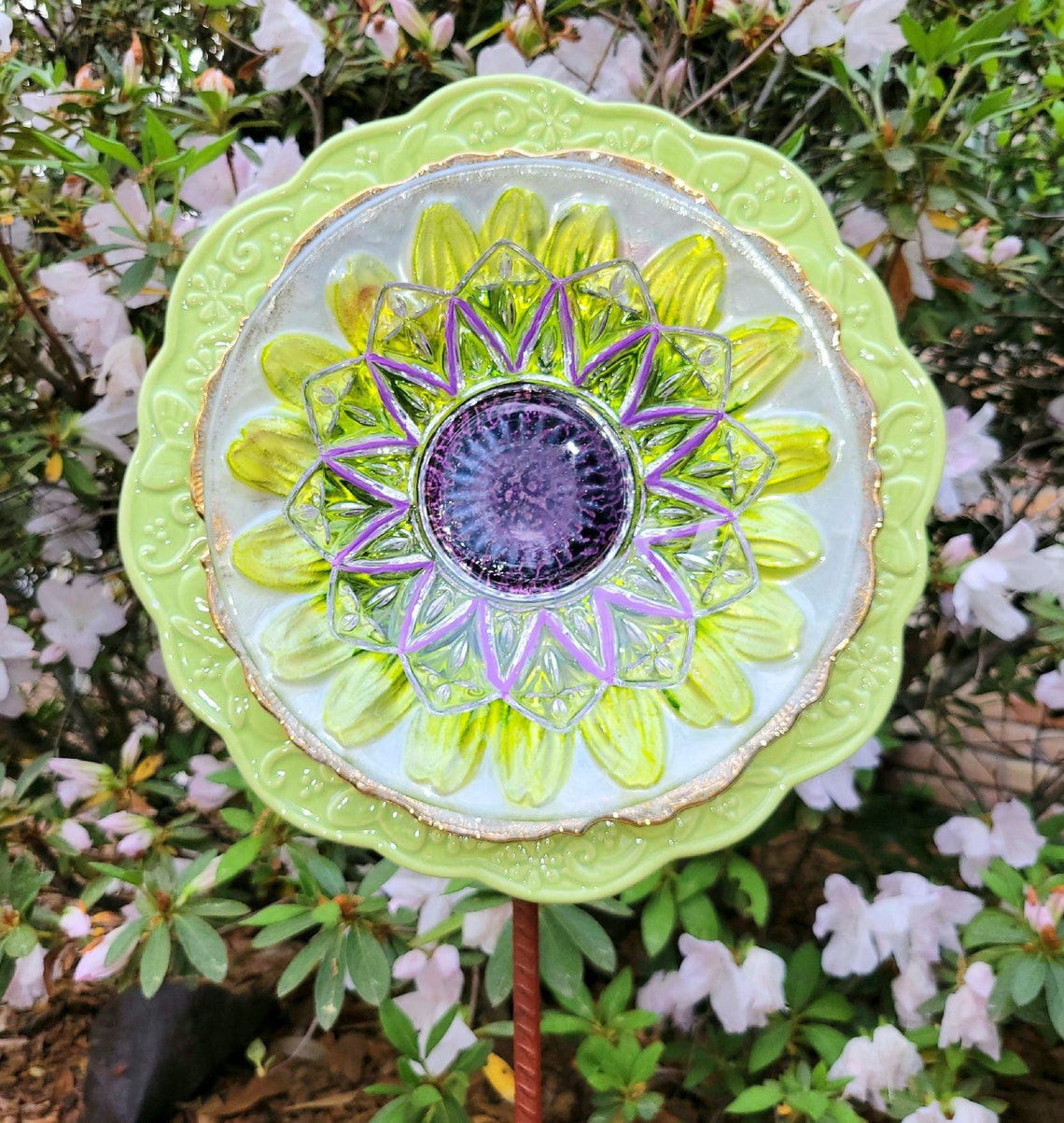 Glass Garden Art, Plate Flower, Vintage, Yard Art. Green, Purple, Clear ...