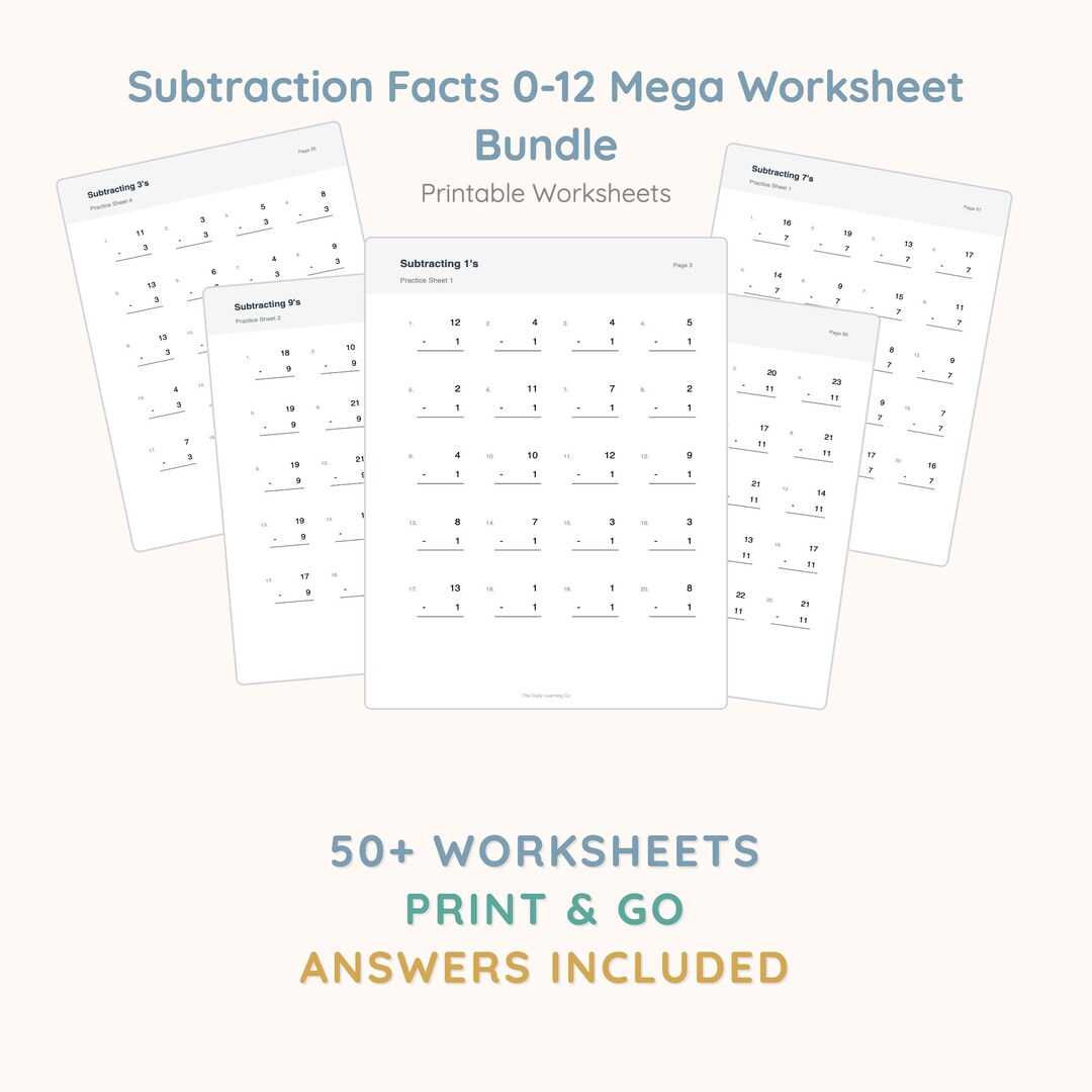 Subtraction Facts 0-12 Worksheets | Math Practice (digital Download ...