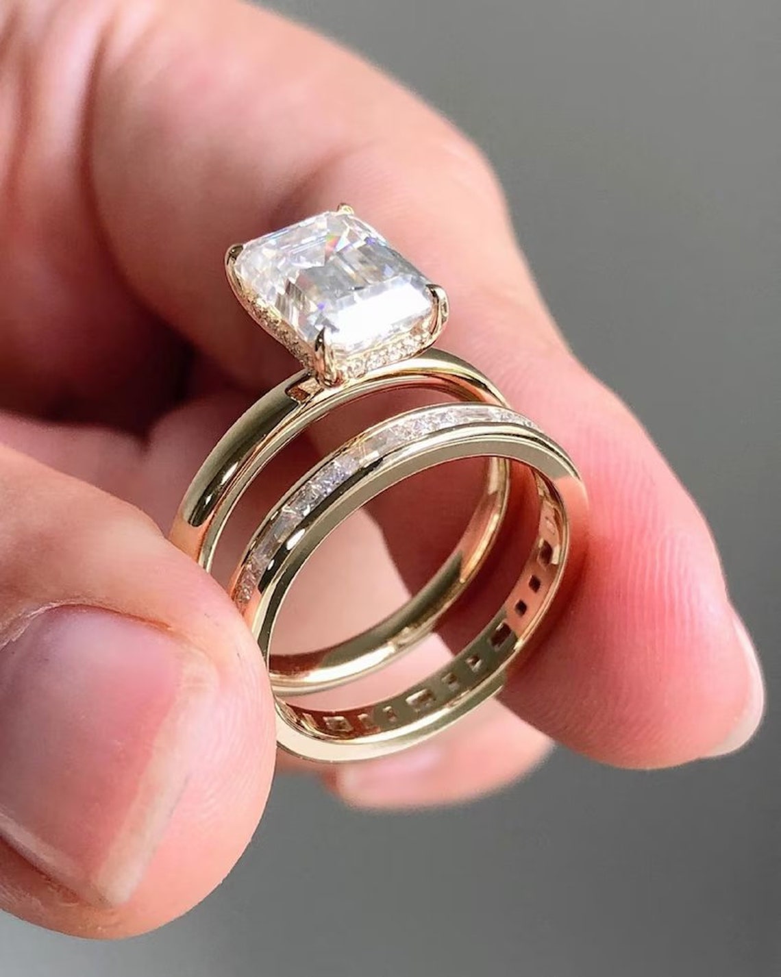 2.22 CT Emerald Cut Solitaire Ring Set Hidden Halo 14k Solid Yellow ...