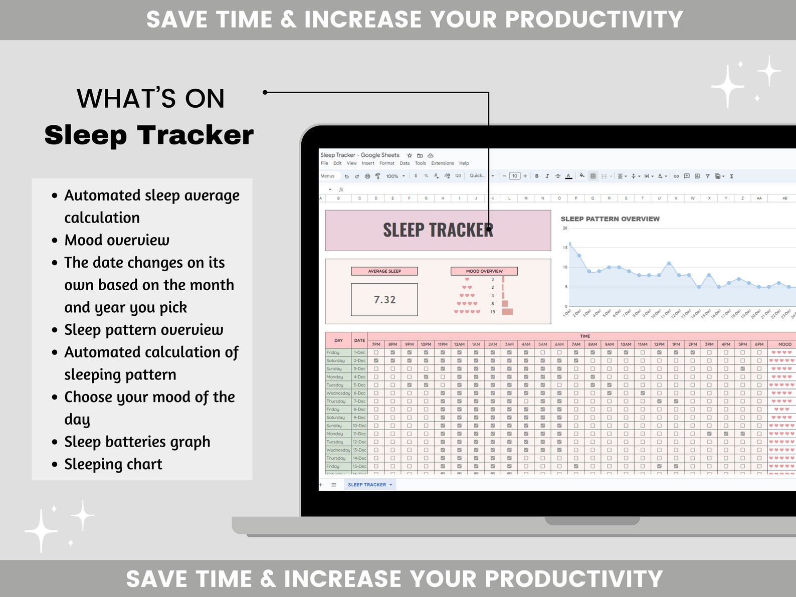 Sleep Tracker Spreadsheet, Sleep Hours Planner, Daily Sleep Tracker ...