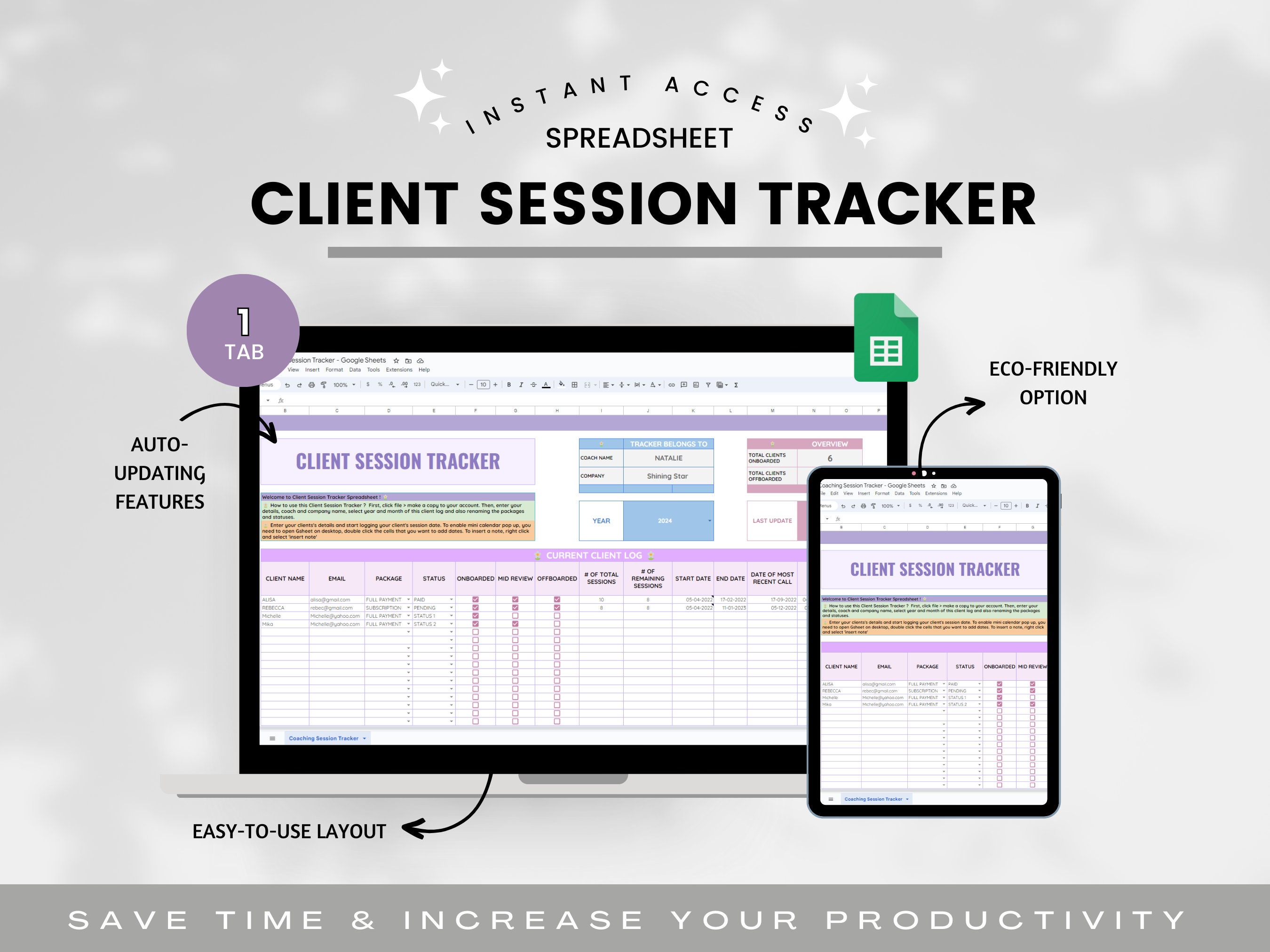Client Session Tracker Spreadsheet for Coaches, Client Management ...