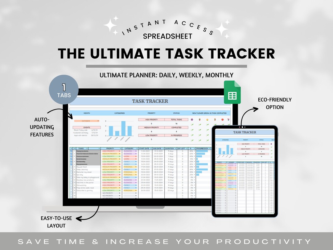 Task Tracker Spreadsheet, to Do List Spreadsheet, Productivity Planner ...