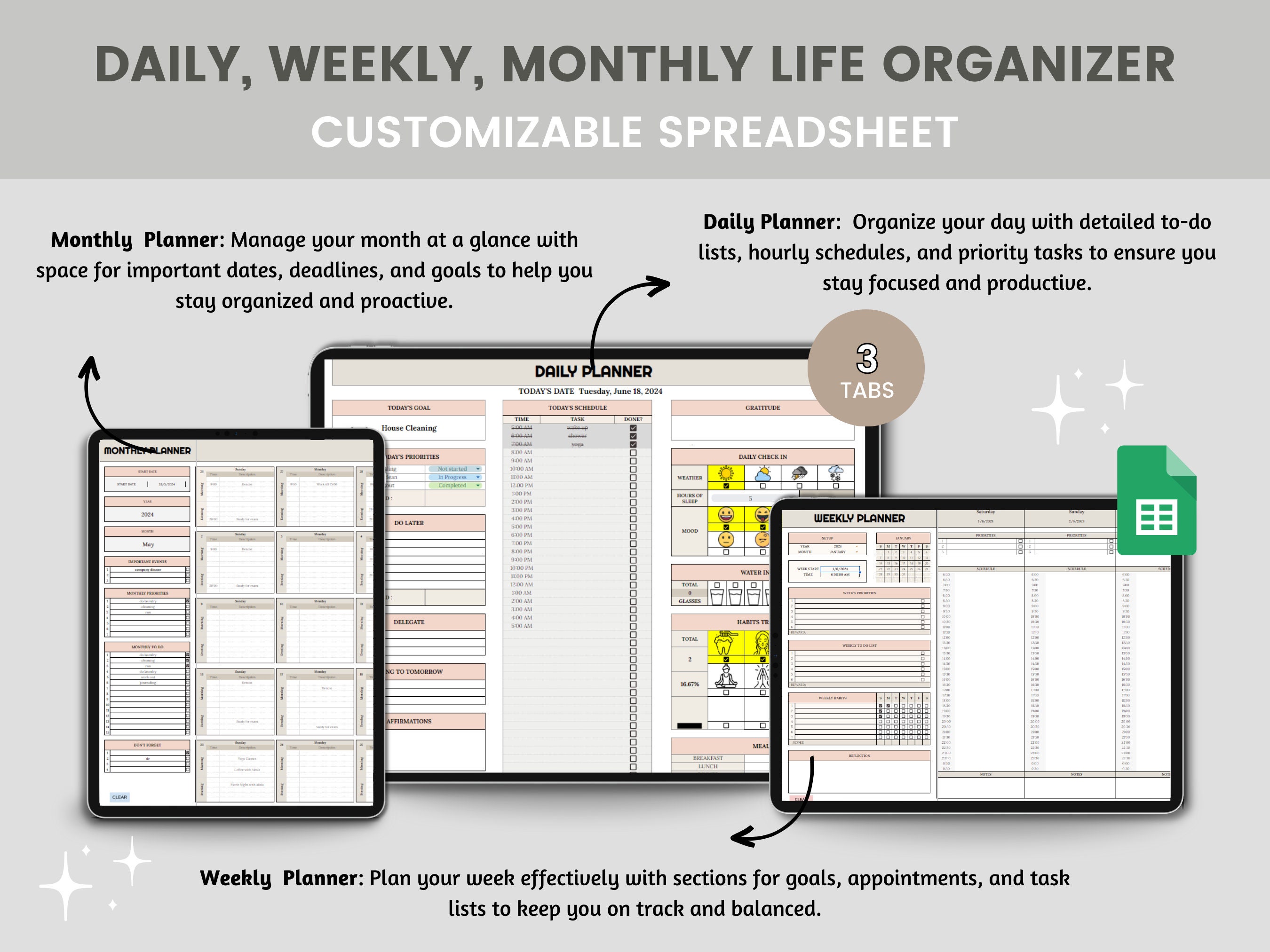 Daily Weekly Schedule Spreadsheet, Monthly Planner Spreadsheet, Daily ...