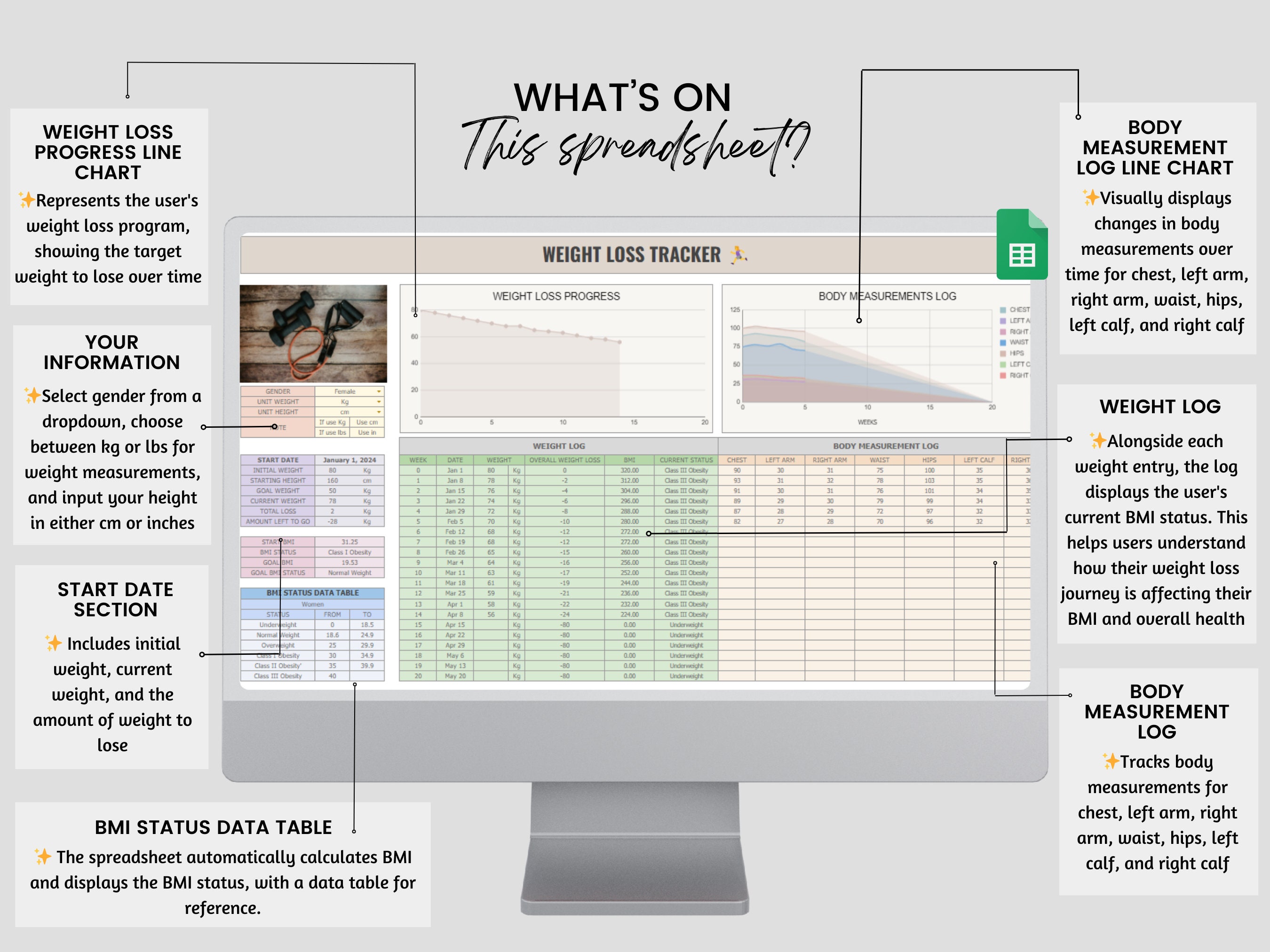 Weight Loss Tracker Spreadsheet for Google Sheets, Weight Tracker ...