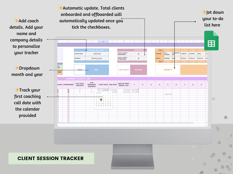 Client Session Tracker Spreadsheet for Coaches, Client Management ...