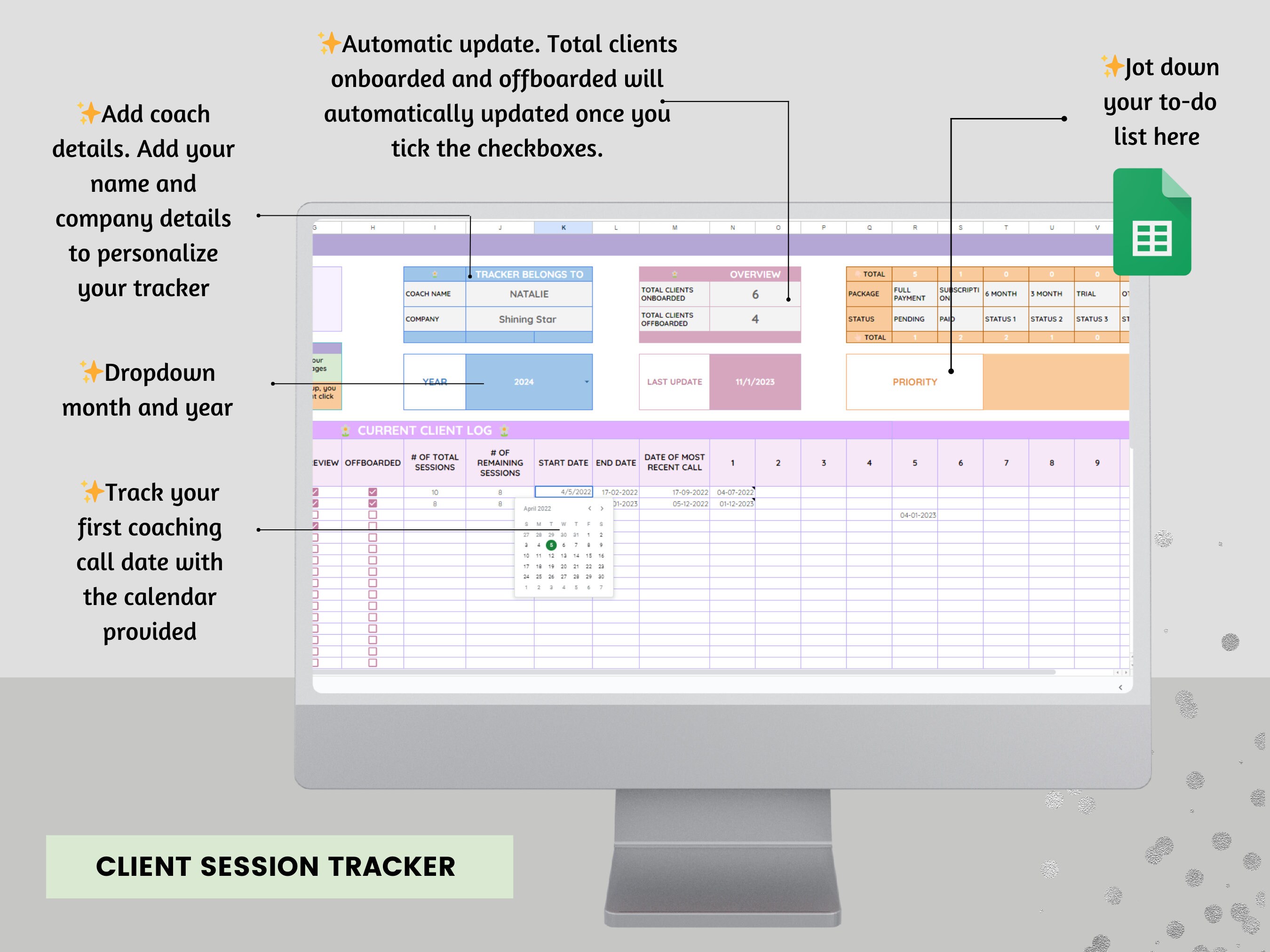 Client Session Tracker Spreadsheet for Coaches, Client Management ...