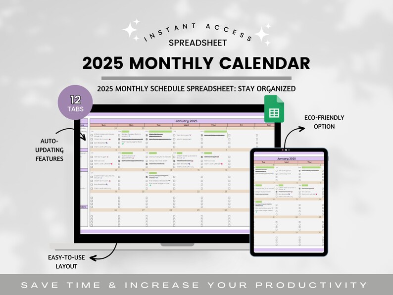 2025 Monthly Calendar Spreadsheet, 2025 Planner, Task Planner ...
