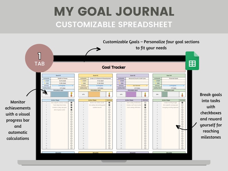 Digital Goal Planner Google Sheet Spreadsheet, Goal Tracker Spreadsheet ...