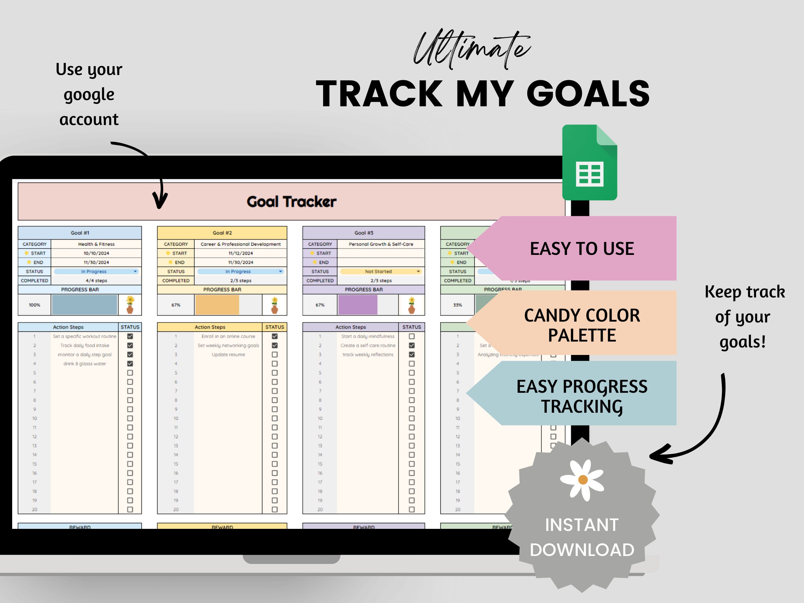 Digital Goal Planner Google Sheet Spreadsheet, Goal Tracker Spreadsheet ...