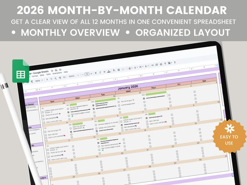 2026 Monthly Calendar Spreadsheet, 2026 Digital Calendar, Task Planner ...