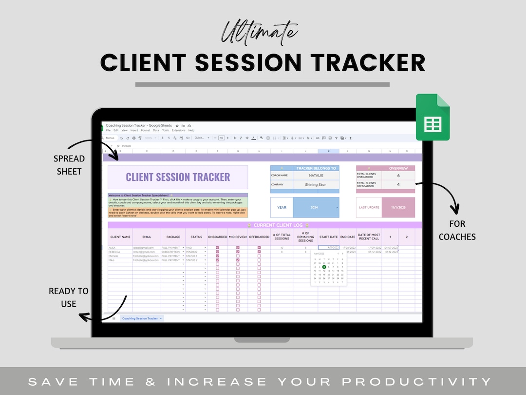 Client Session Tracker Spreadsheet for Coaches, Client Management ...