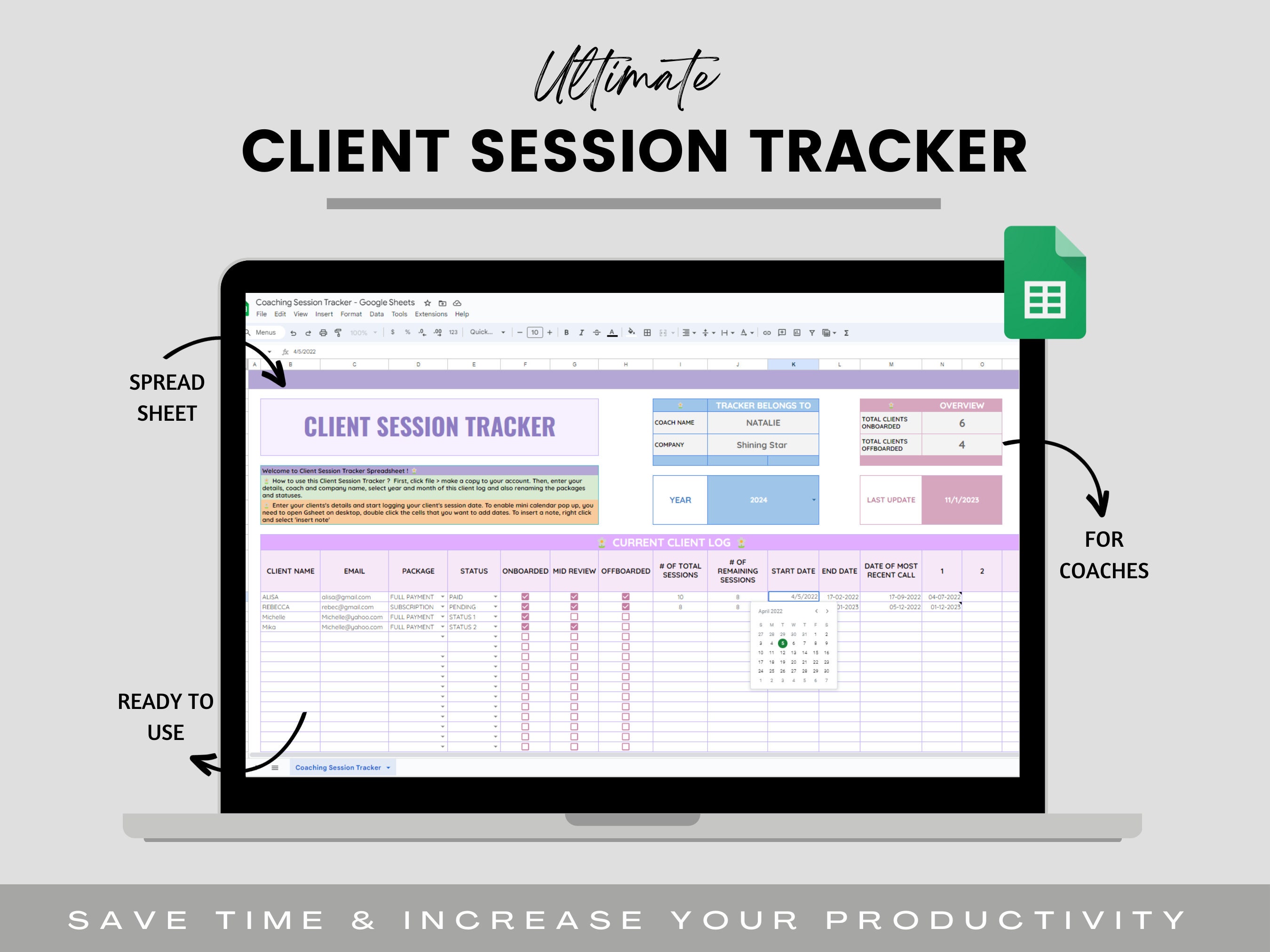 Client Session Tracker Spreadsheet for Coaches, Client Management ...
