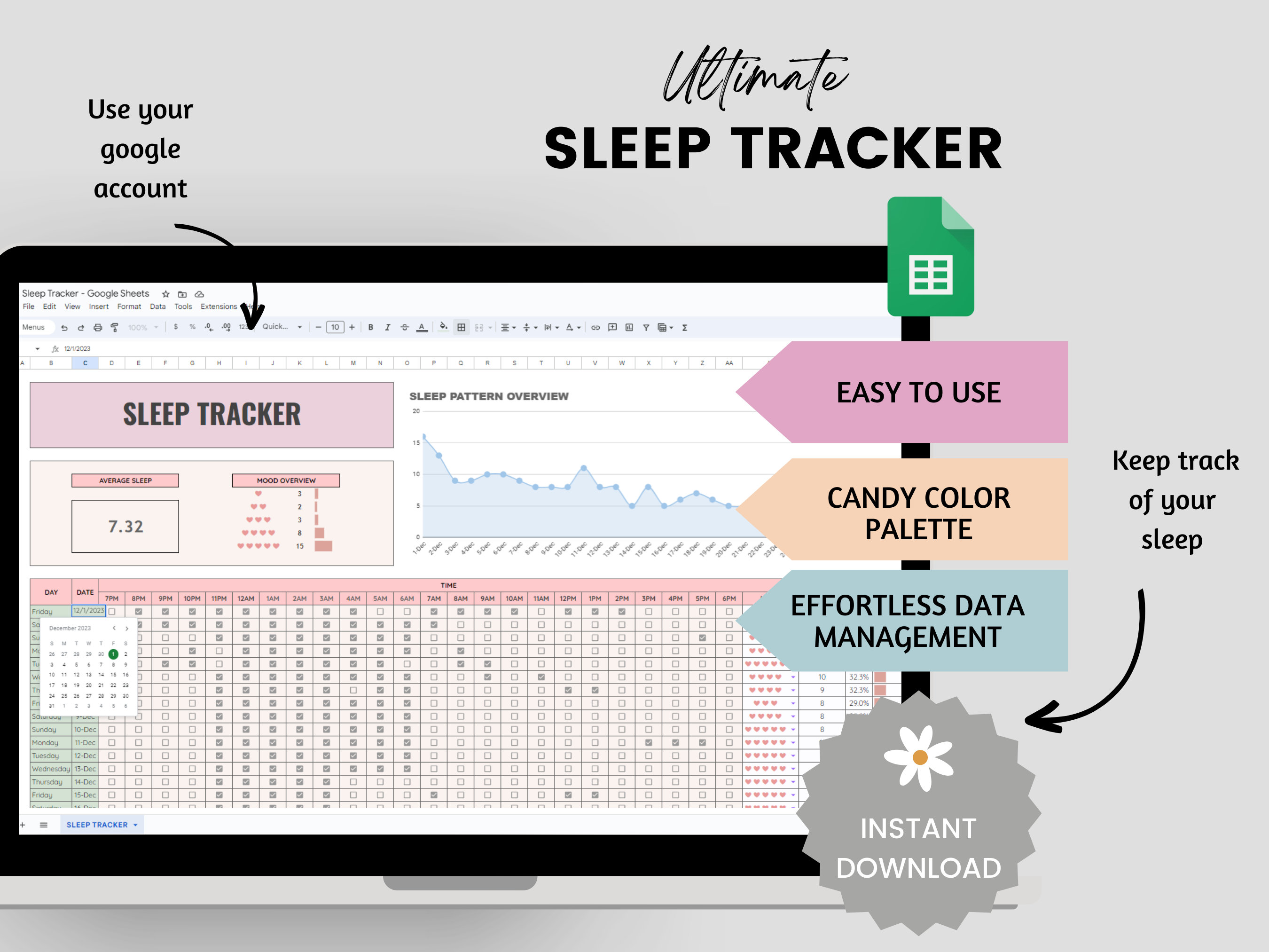 Sleep Tracker Spreadsheet, Sleep Hours Planner, Daily Sleep Tracker ...