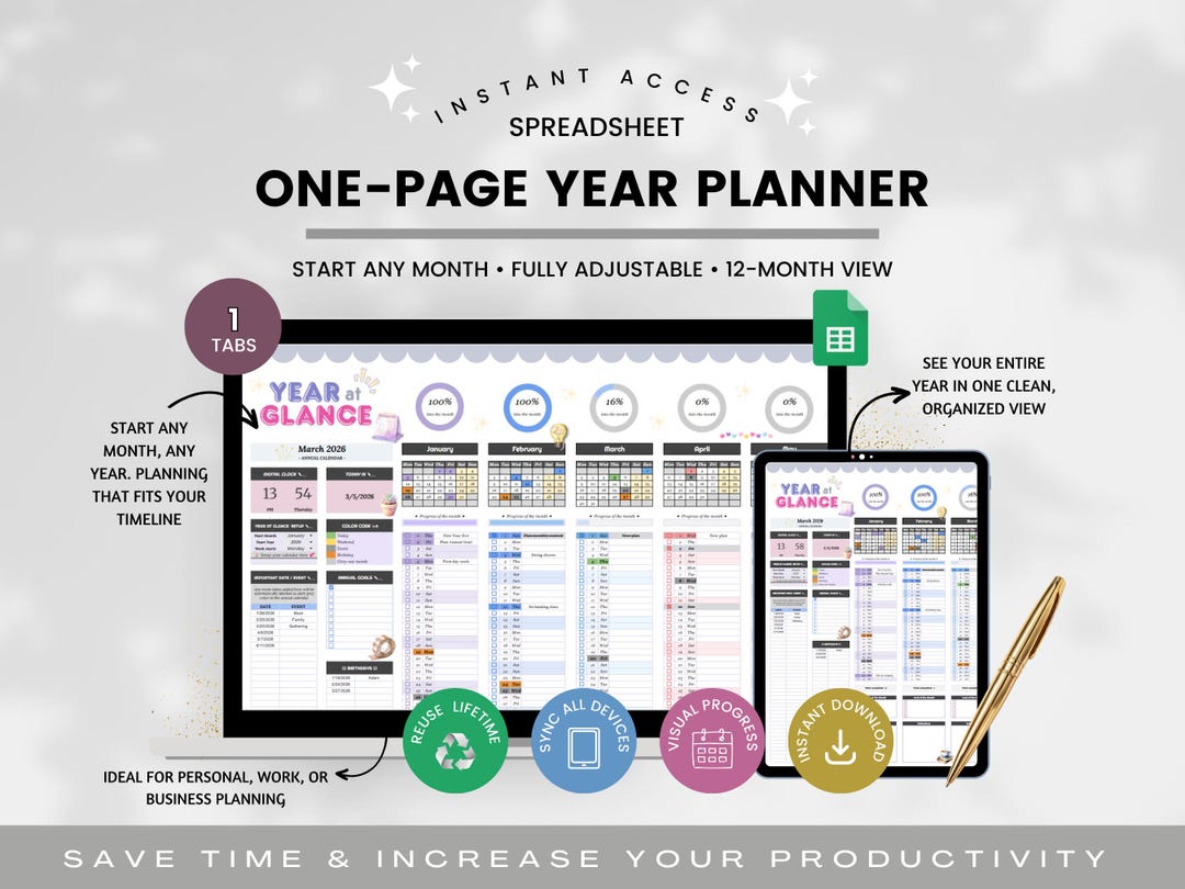 Year at a Glance Planner Template for Google Sheets, Yearly Calendar ...