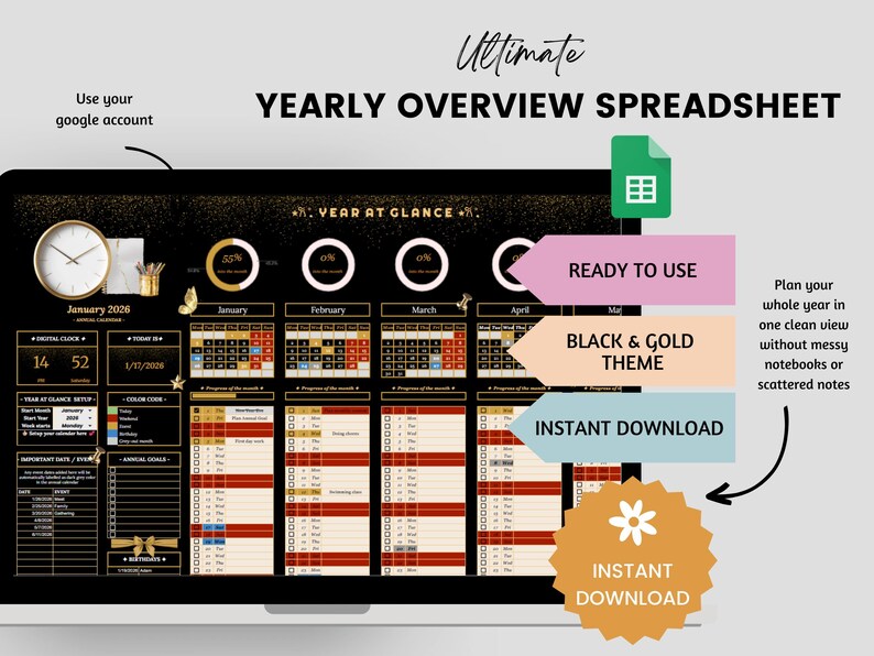 Year at A Glance Calendar Spreadsheet, Annual Undated Calendar Google ...