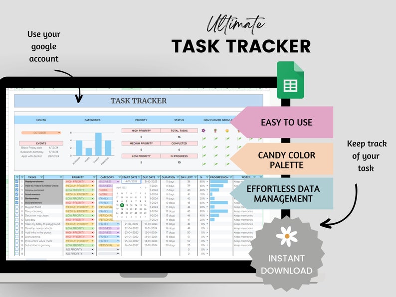 Task Tracker Spreadsheet, to Do List Spreadsheet, Productivity Planner ...