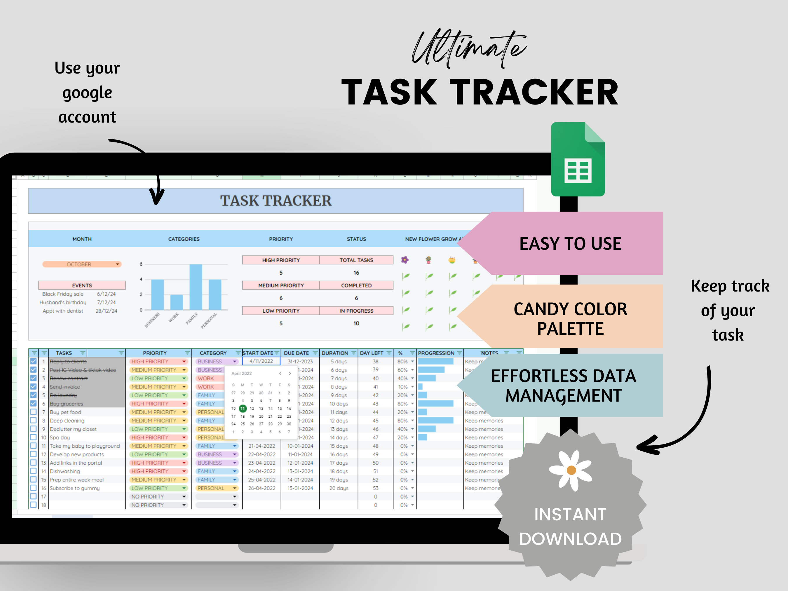 Task Tracker Spreadsheet, to Do List Spreadsheet, Productivity Planner ...