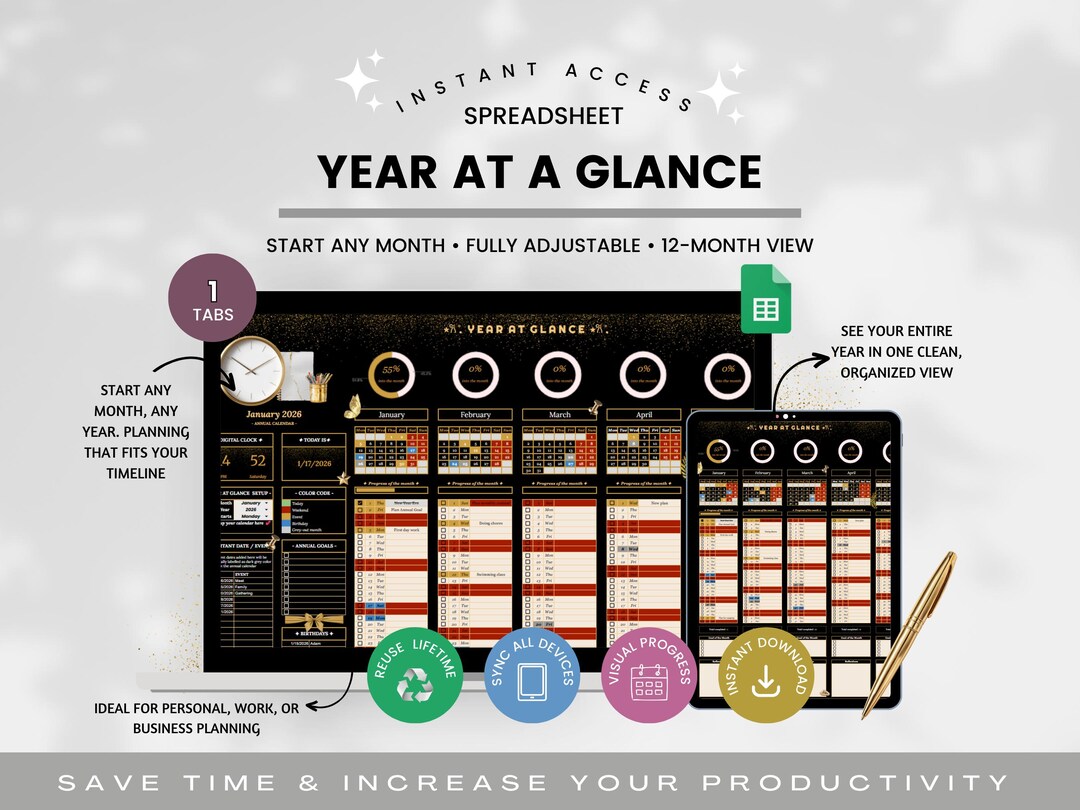 Year at A Glance Calendar Spreadsheet, Annual Undated Calendar Google ...