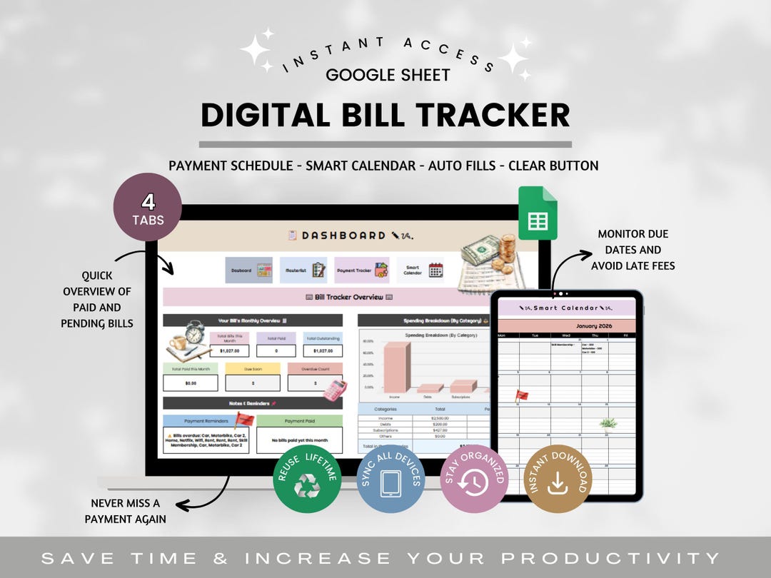 Bill Tracker Spreadsheet, Smart Bill Planner, Finance Calendar for ...