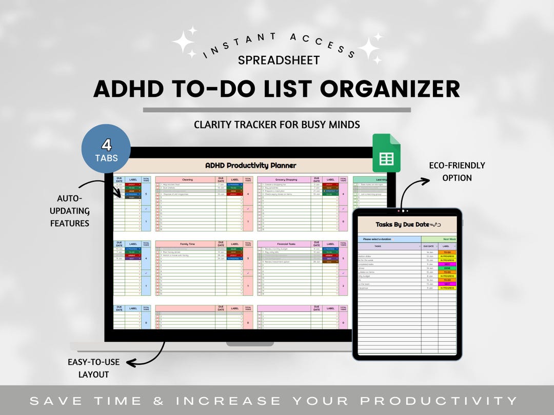 ADHD Life Planner Spreadsheet, ADHD Digital Organizer Planner, to Do ...