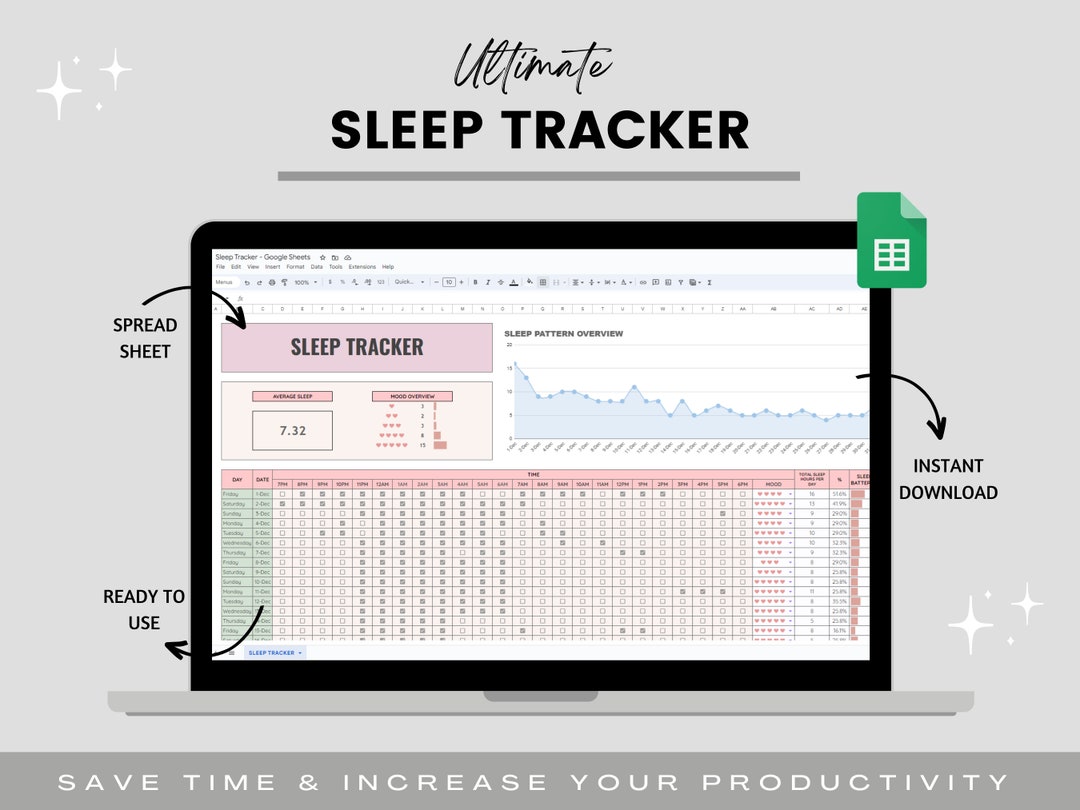 Sleep Tracker Spreadsheet, Sleep Hours Planner, Daily Sleep Tracker ...