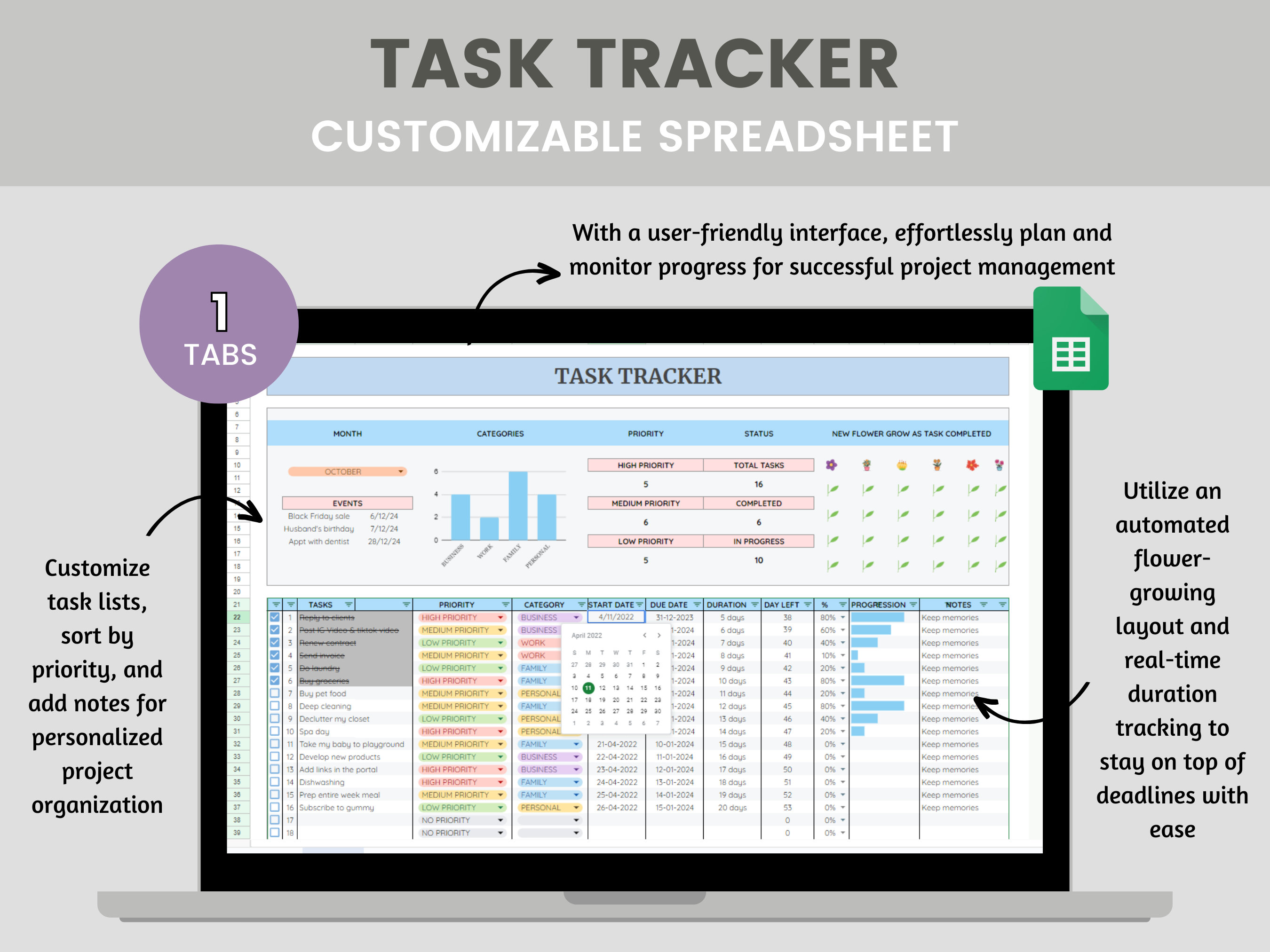 Task Tracker Spreadsheet, to Do List Spreadsheet, Productivity Planner ...