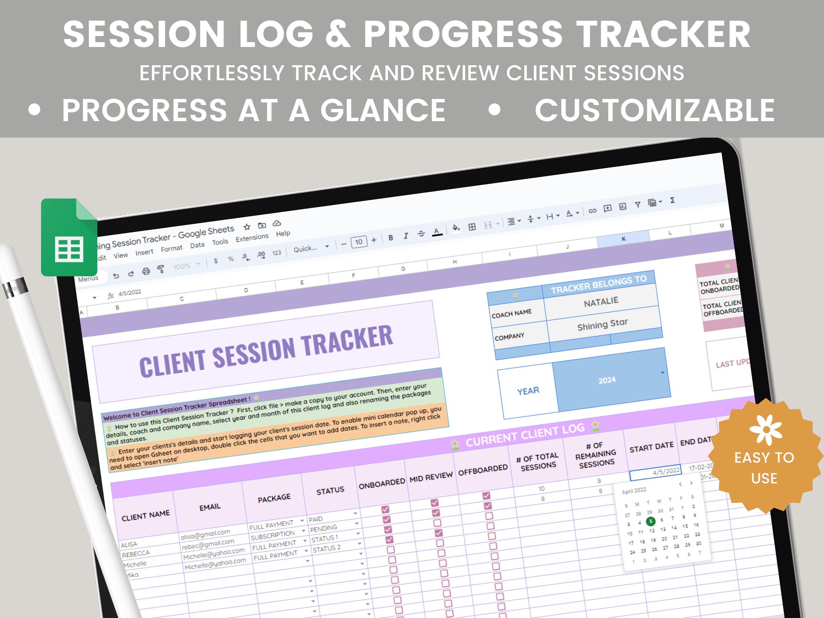 Client Session Tracker Spreadsheet for Coaches, Client Management ...