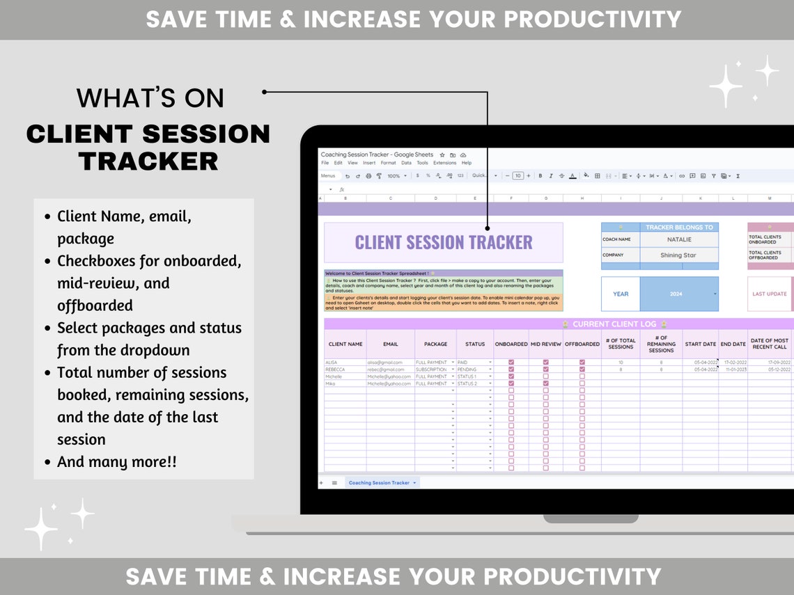 Client Session Tracker Spreadsheet for Coaches, Client Management ...